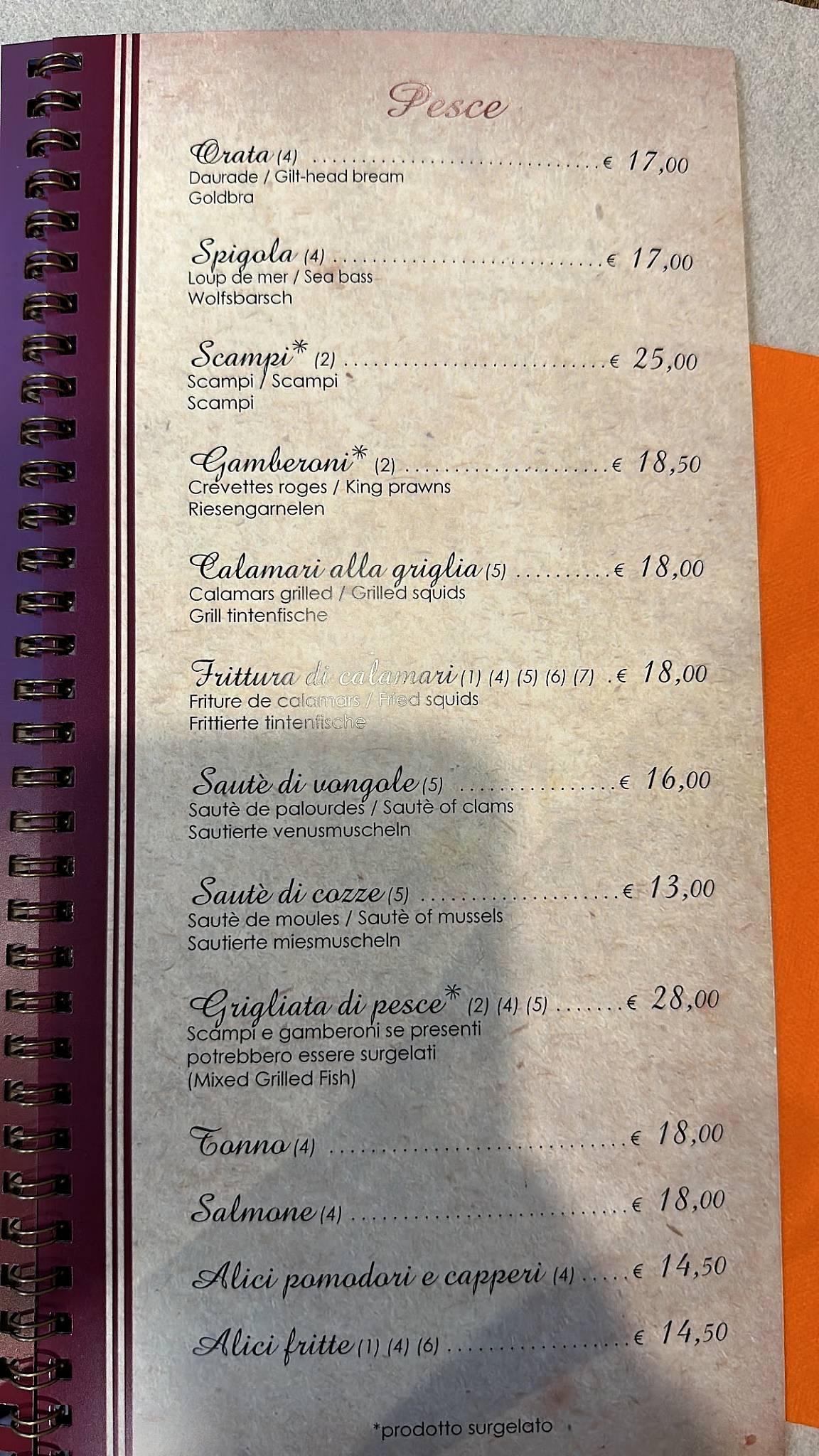 Menu at Sora Lucia restaurant, Rome