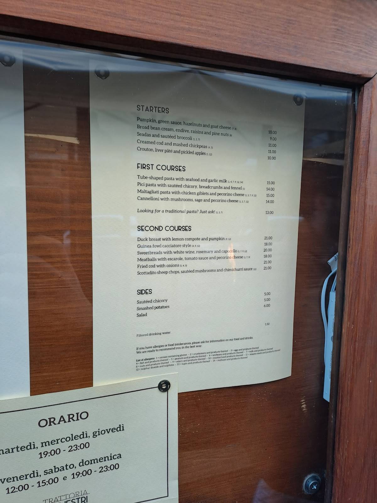 Menu at Trattoria Pennestri restaurant, Rome