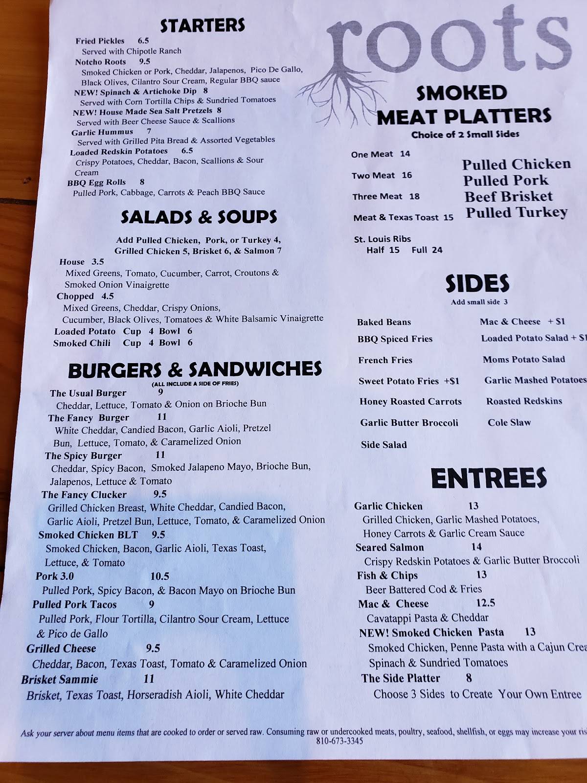 Menu at Roots BBQ, Almont