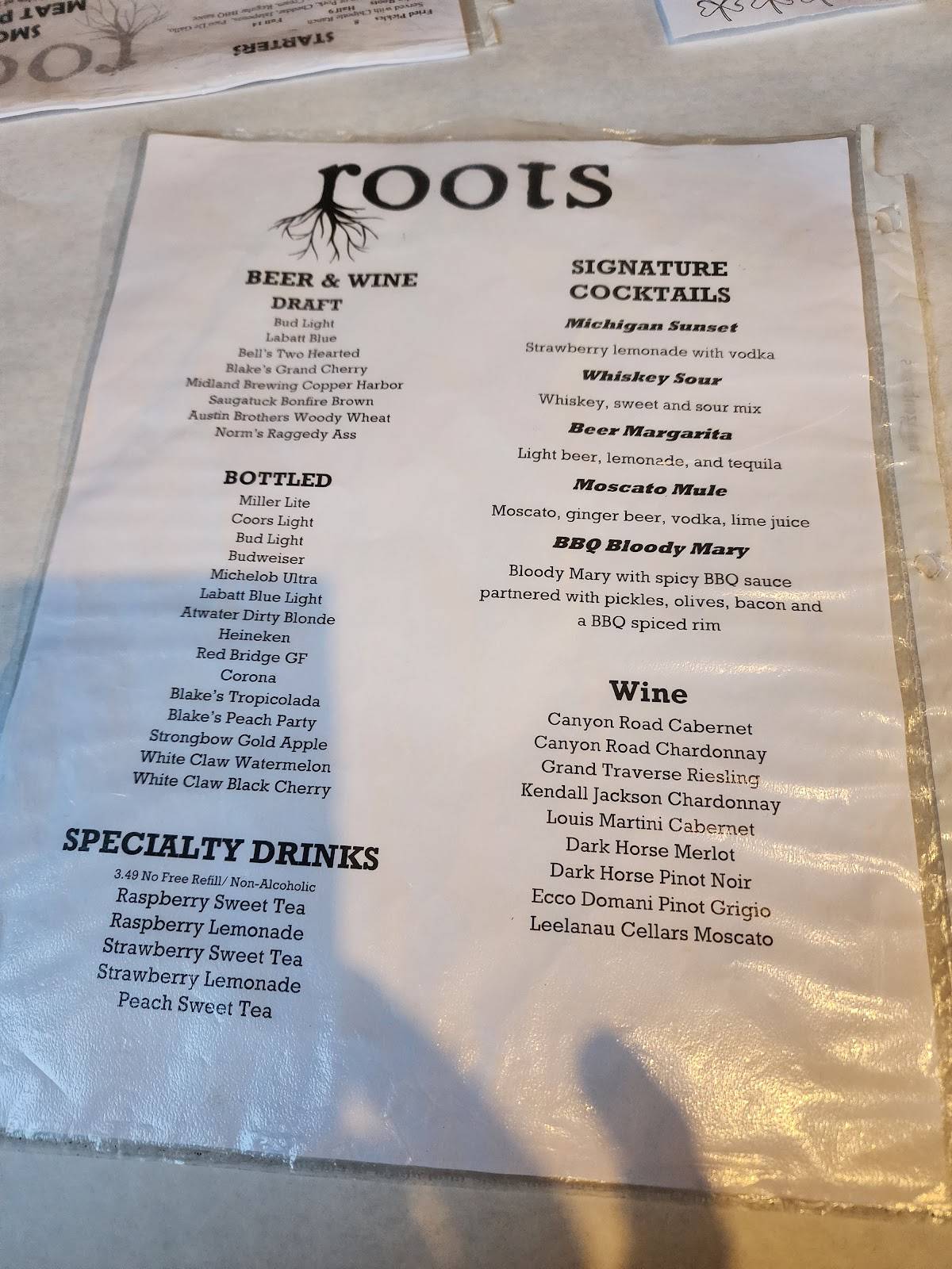 Menu at Roots BBQ, Almont