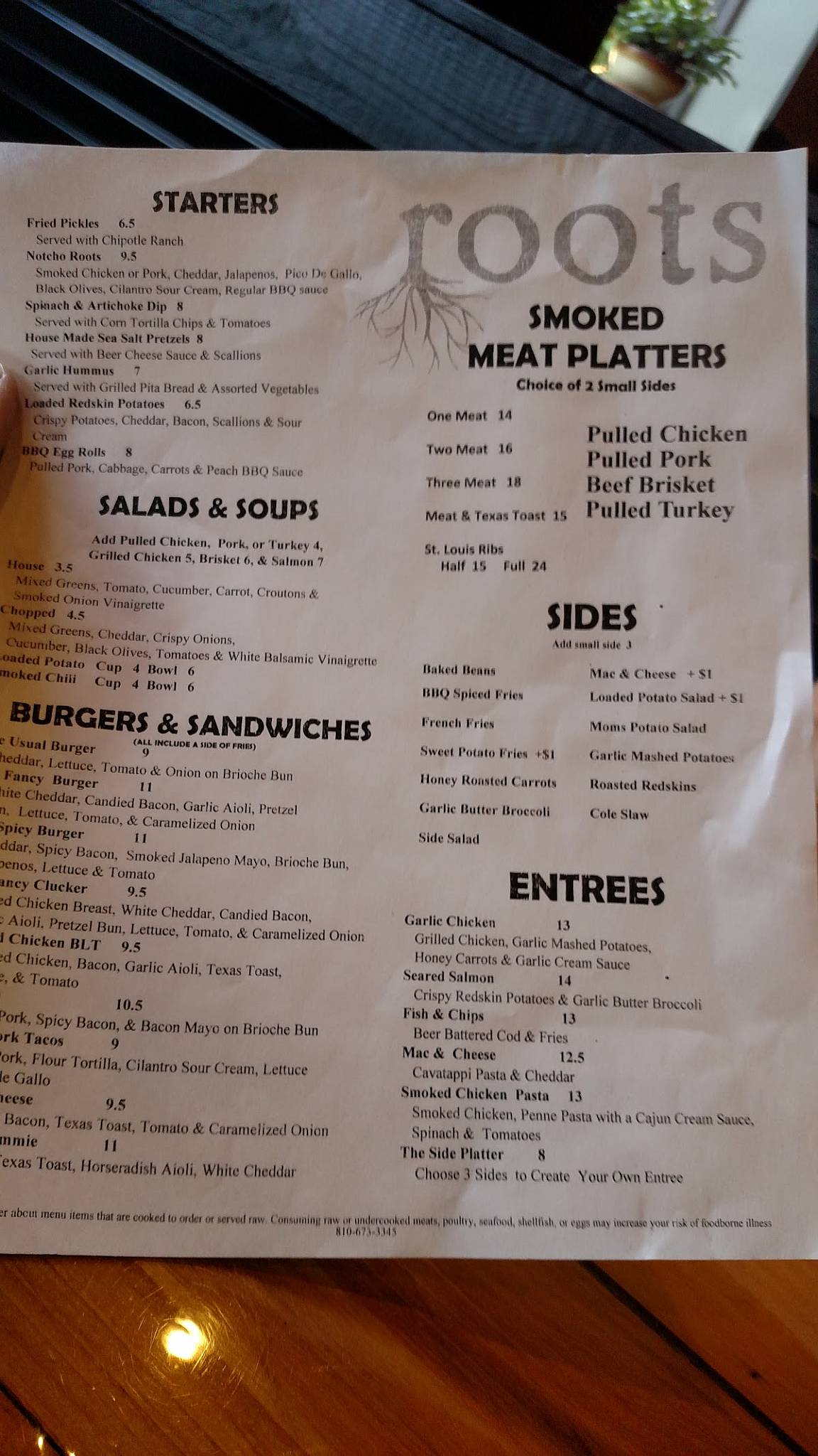 Menu at Roots BBQ, Almont
