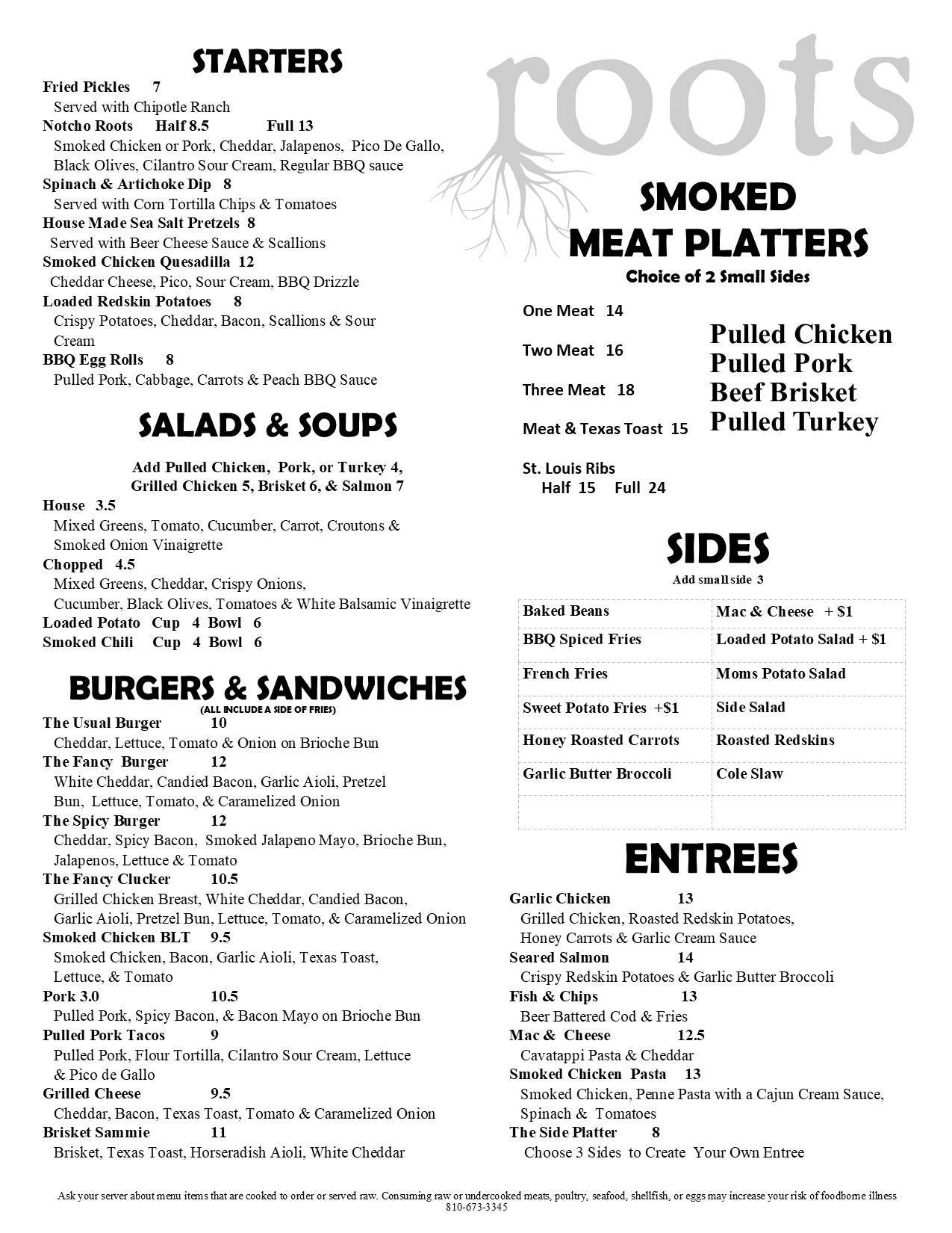 Menu at Roots BBQ, Almont