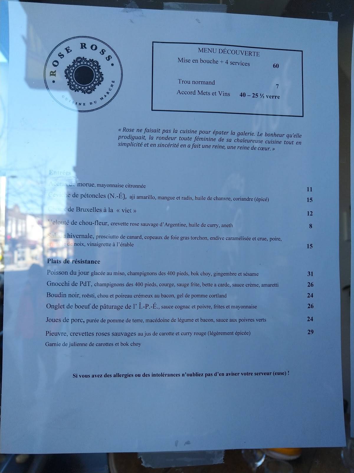 Menu au Rose Ross restaurant, Montréal