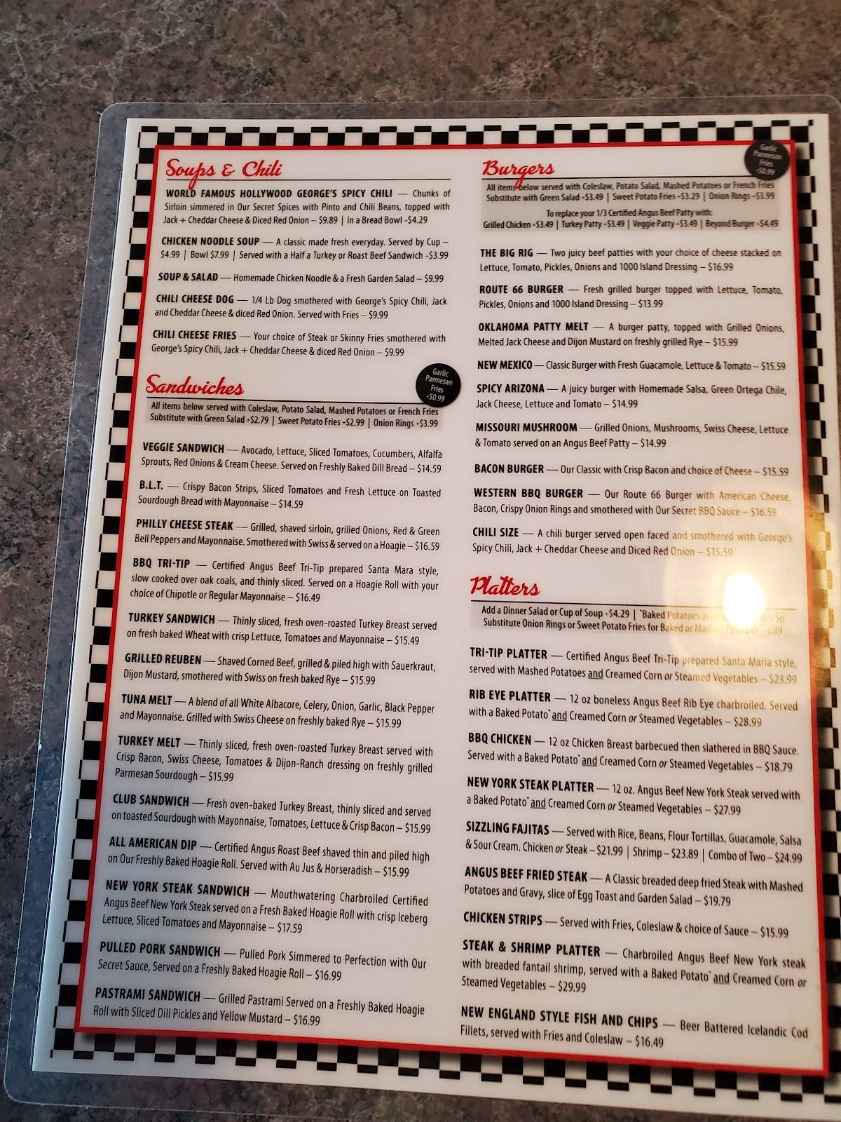 Menu at Route 66 Classic Grill restaurant, Santa Clarita