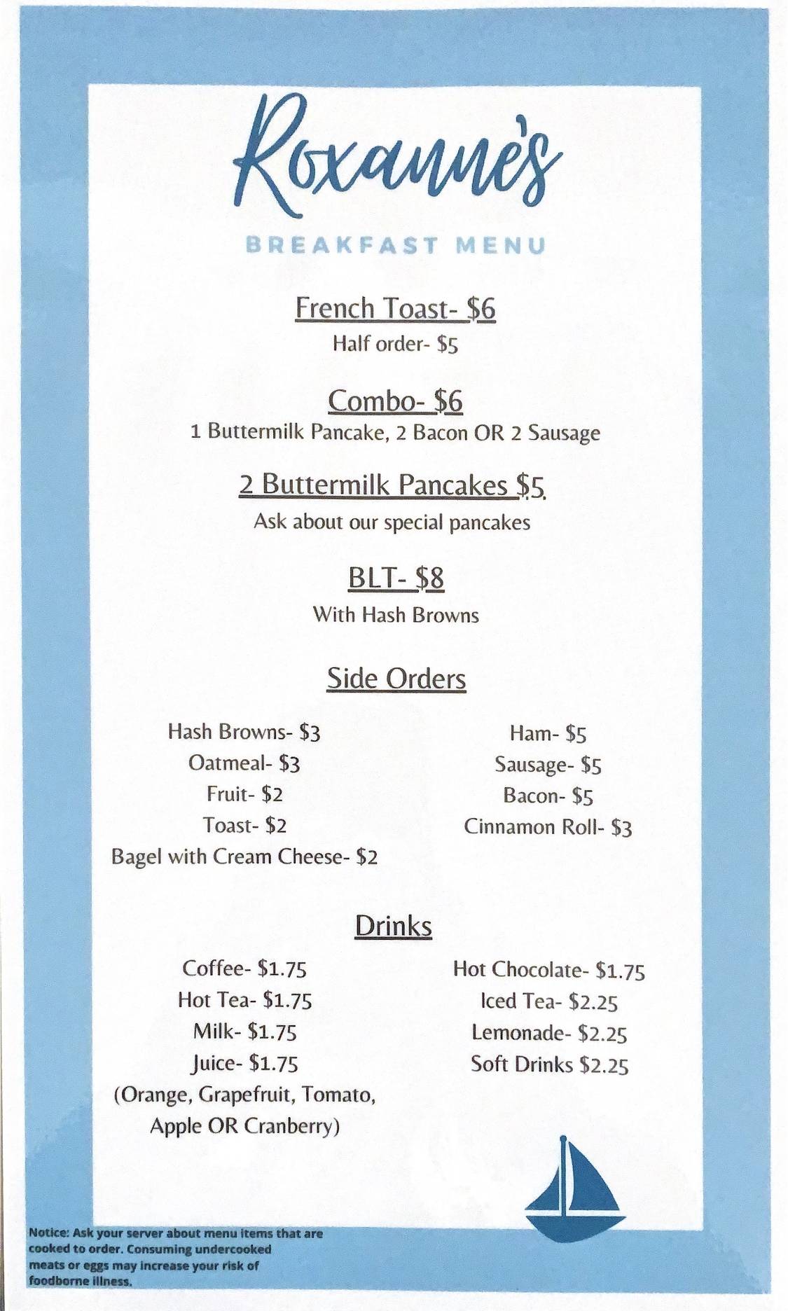 Menu at Roxanne's restaurant, Port Sanilac