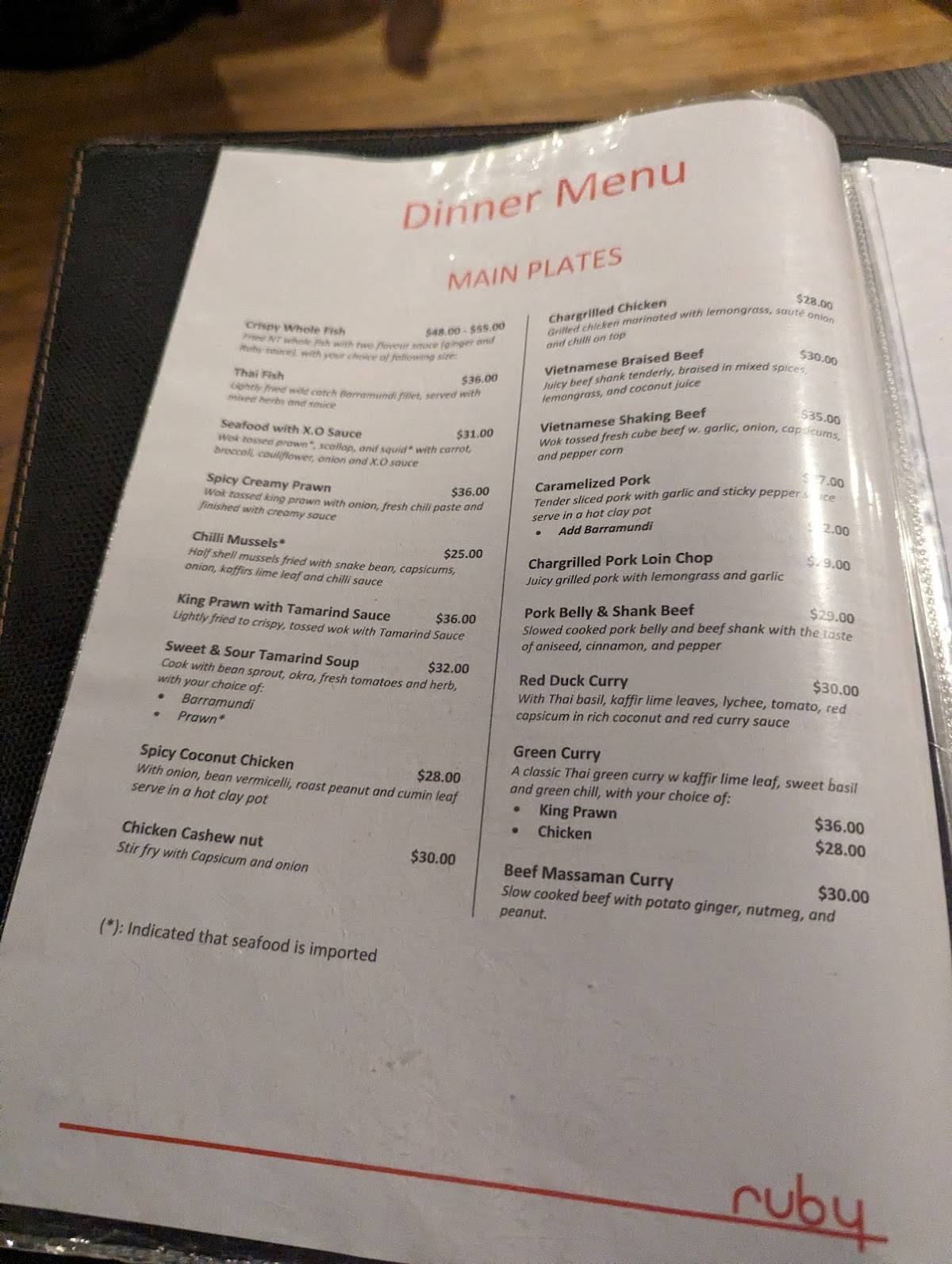 Menu at Ruby Vietnamese Restaurant, Darwin City