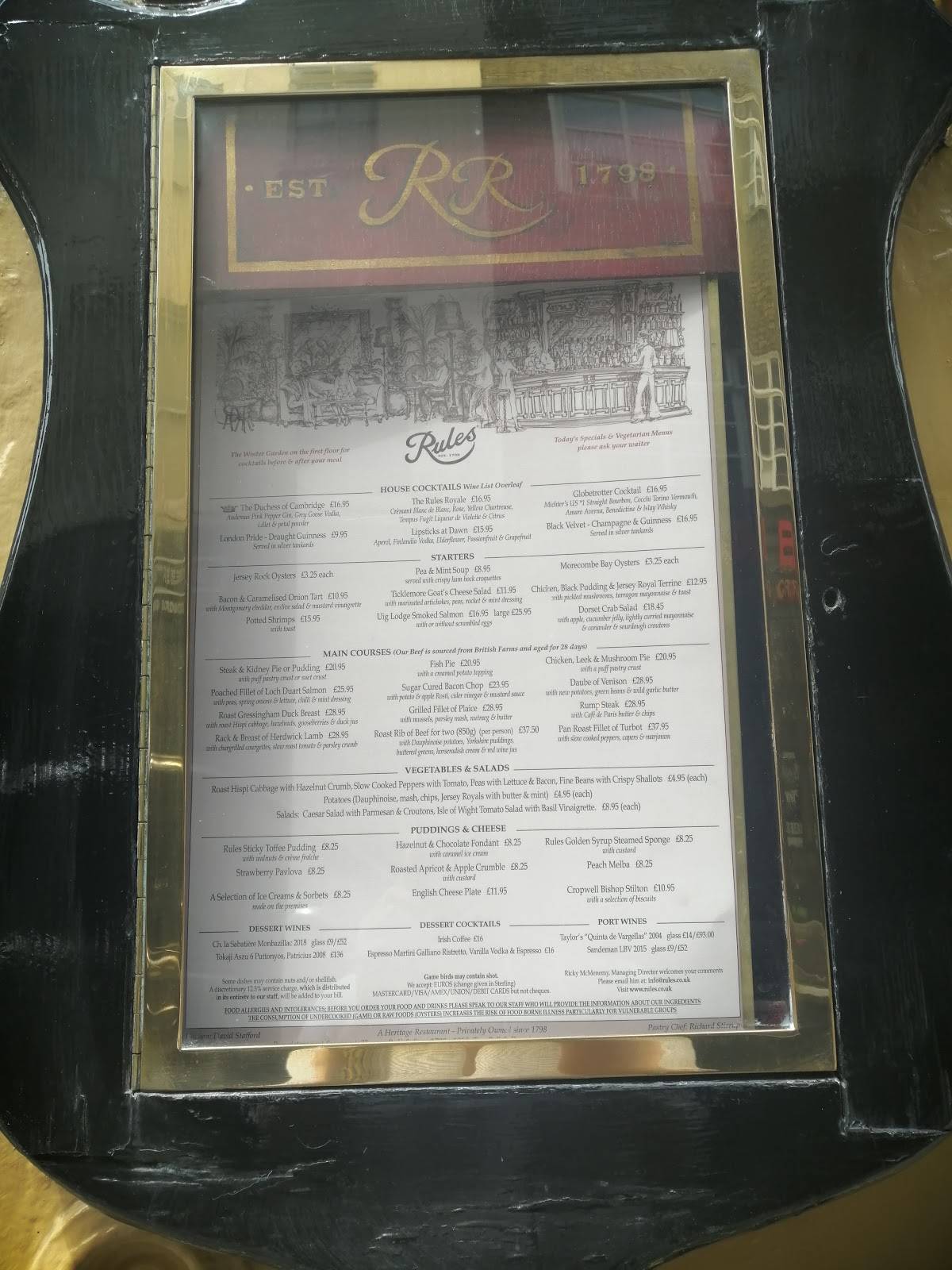 Menu at Rules pub & bar, London