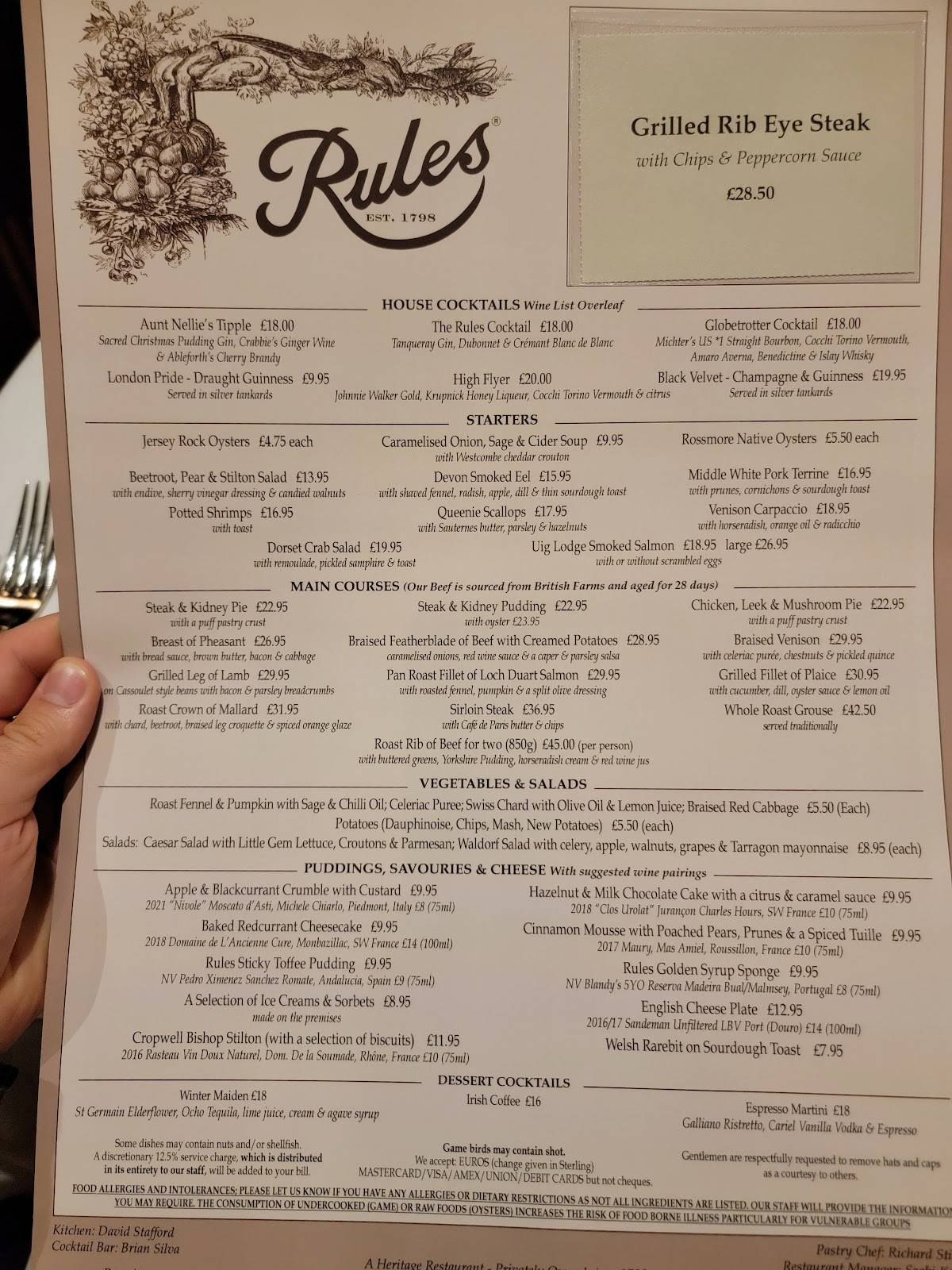 Menu at Rules pub & bar, London