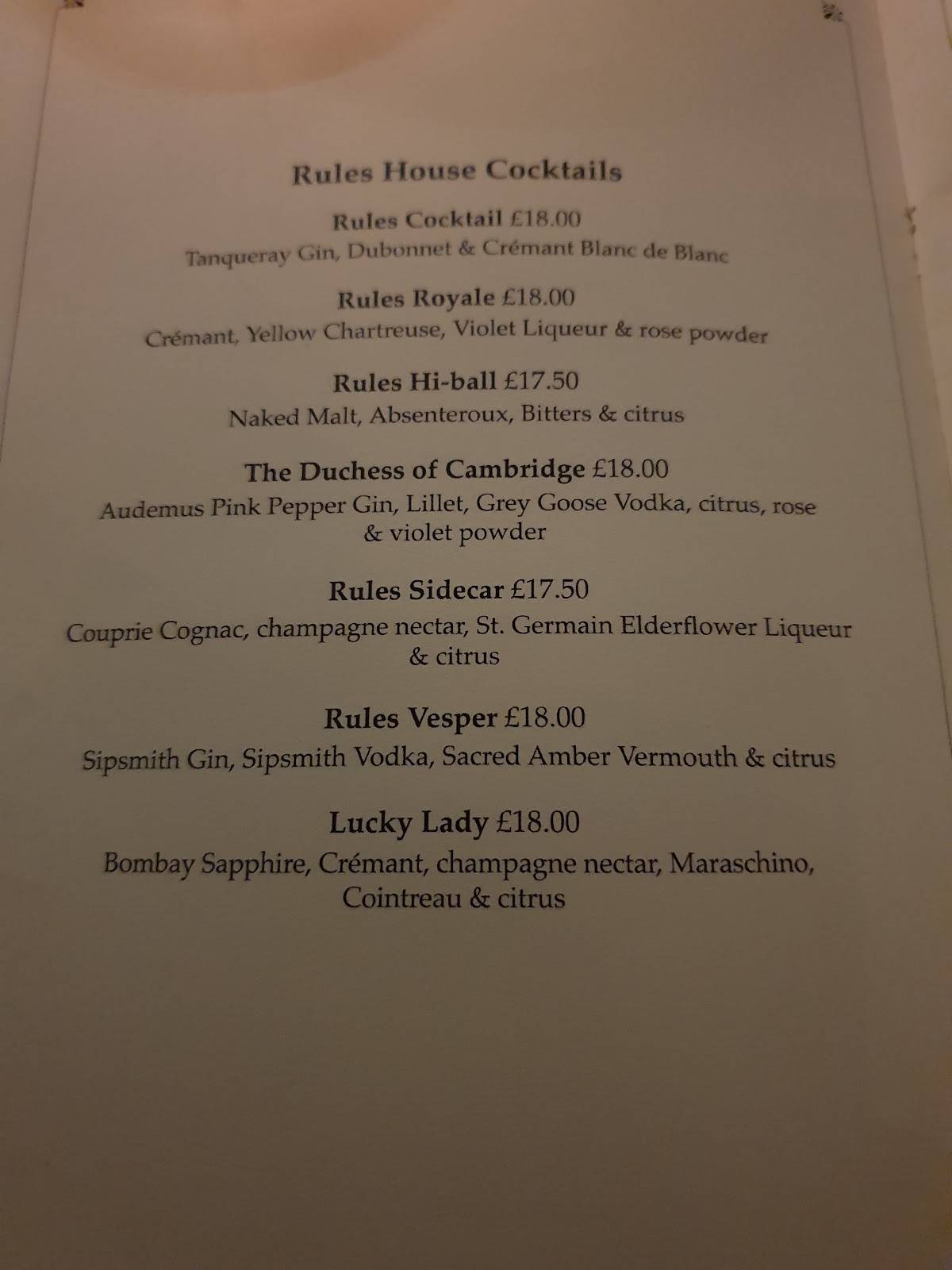 Menu at Rules pub & bar, London