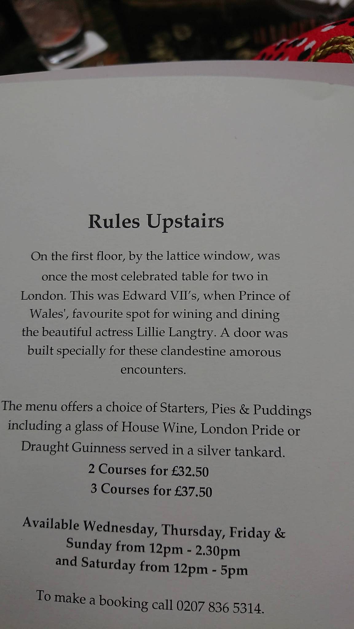 Menu at Rules pub & bar, London