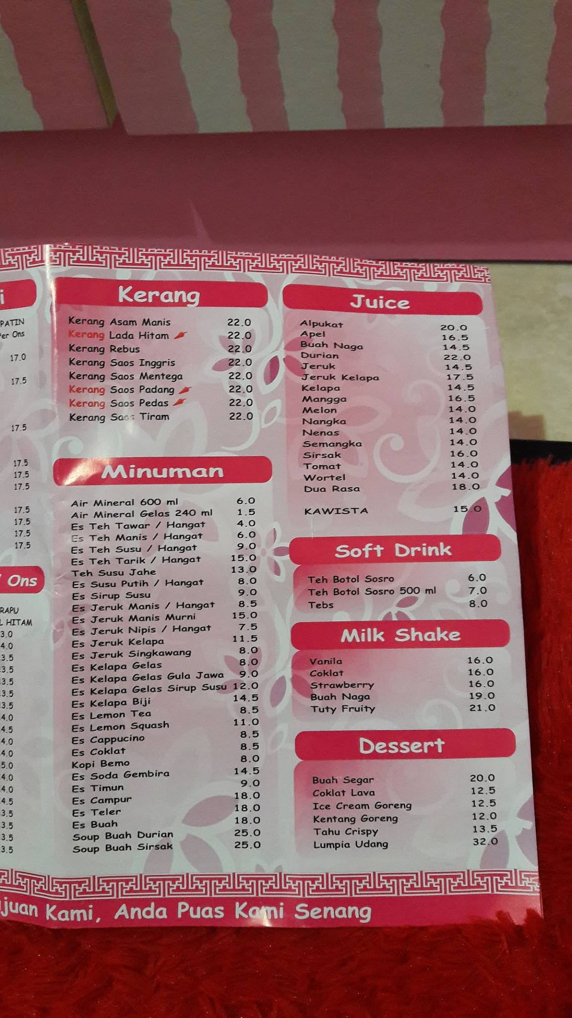 Menu at Rumah Makan Bemo restaurant, Samarinda