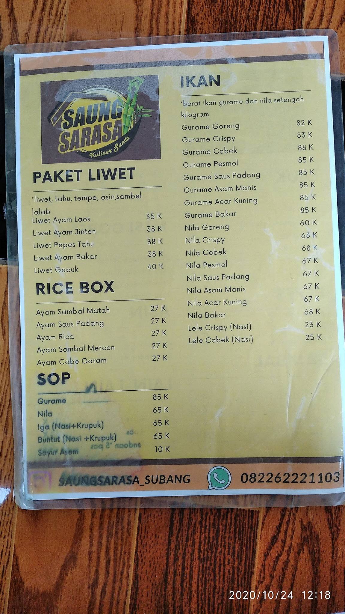 Menu at Rumah makan Saung Sarasa restaurant, Subang