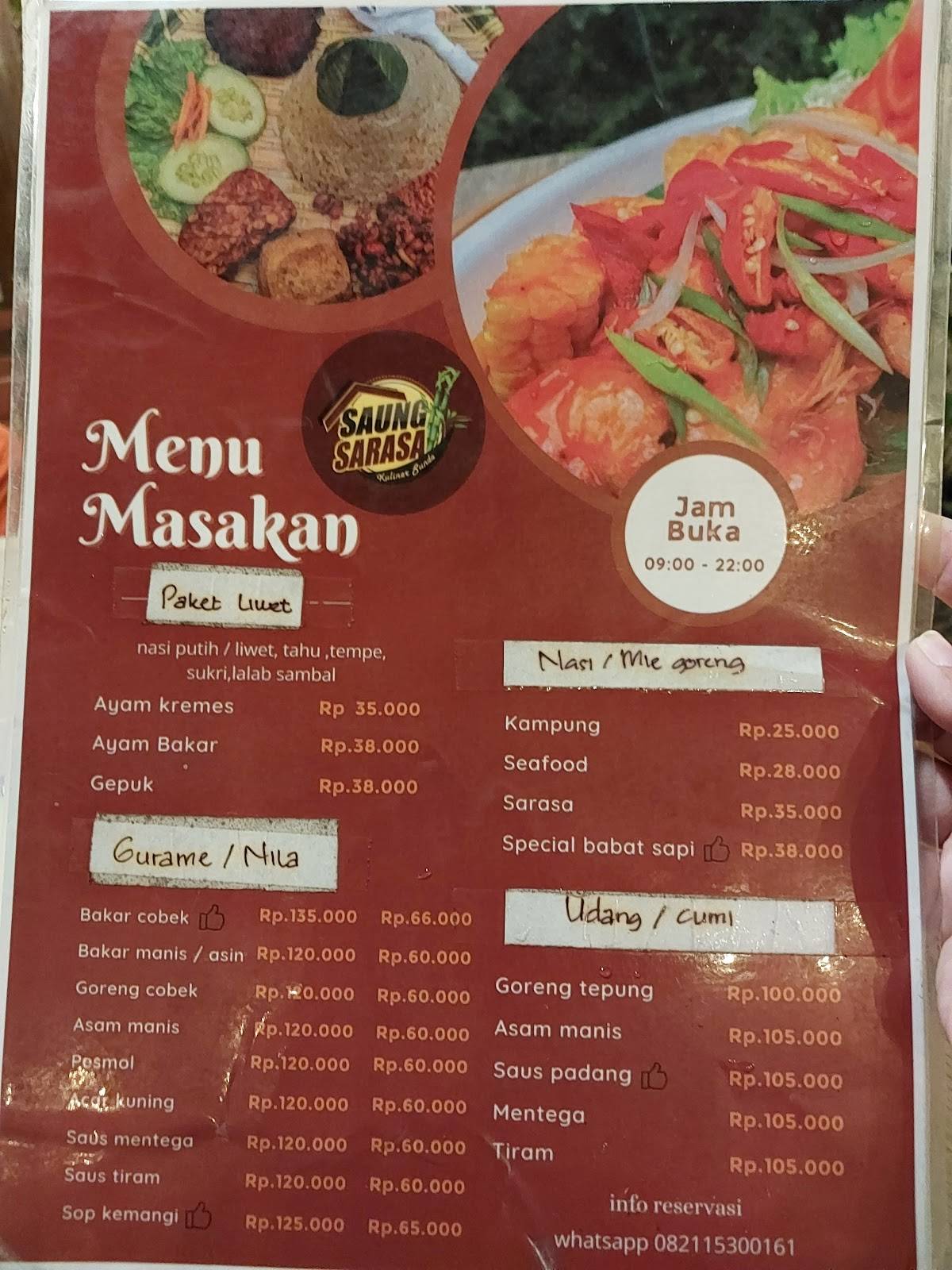 Menu at Rumah makan Saung Sarasa restaurant, Subang