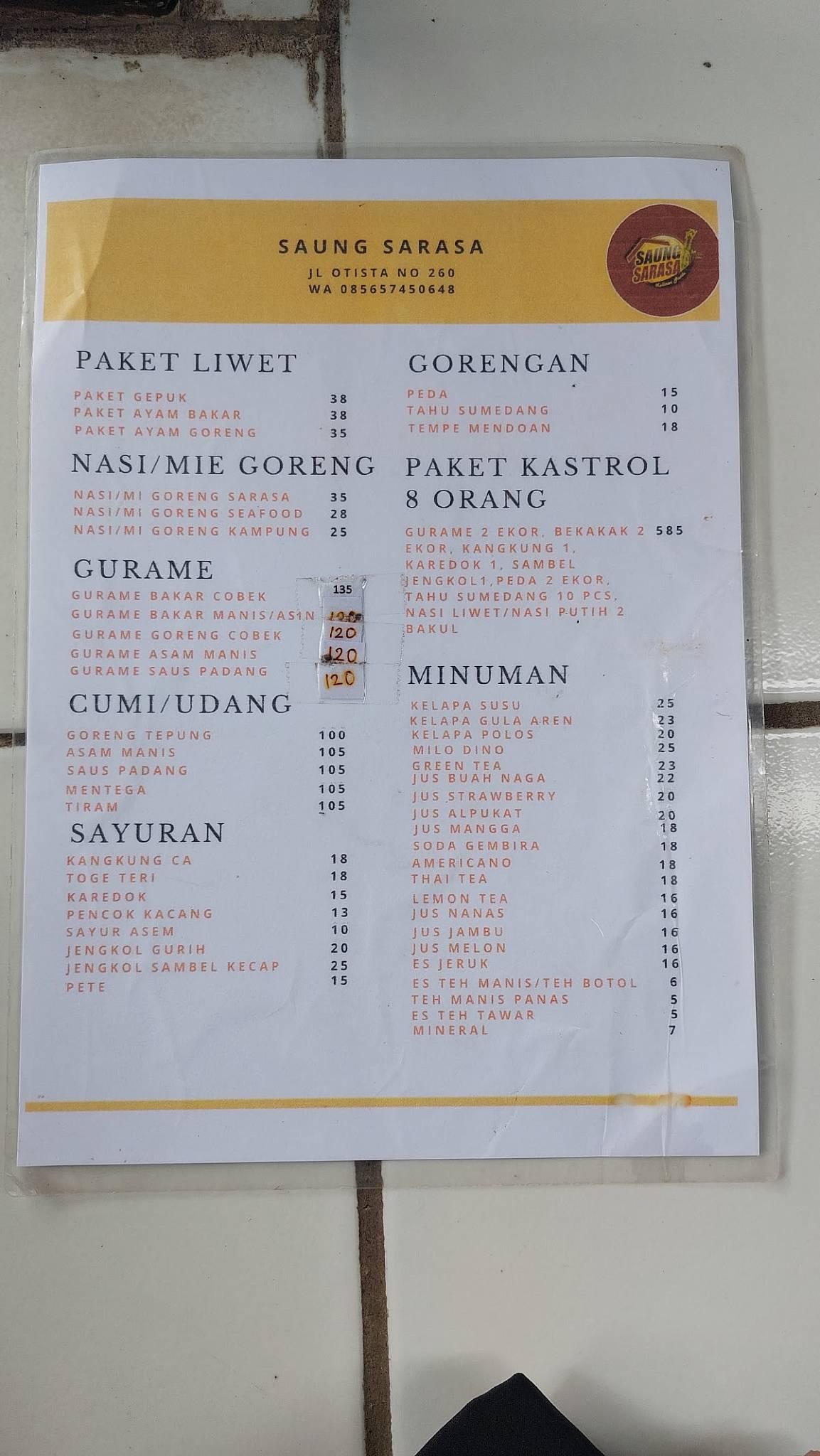 Menu at Rumah makan Saung Sarasa restaurant, Subang