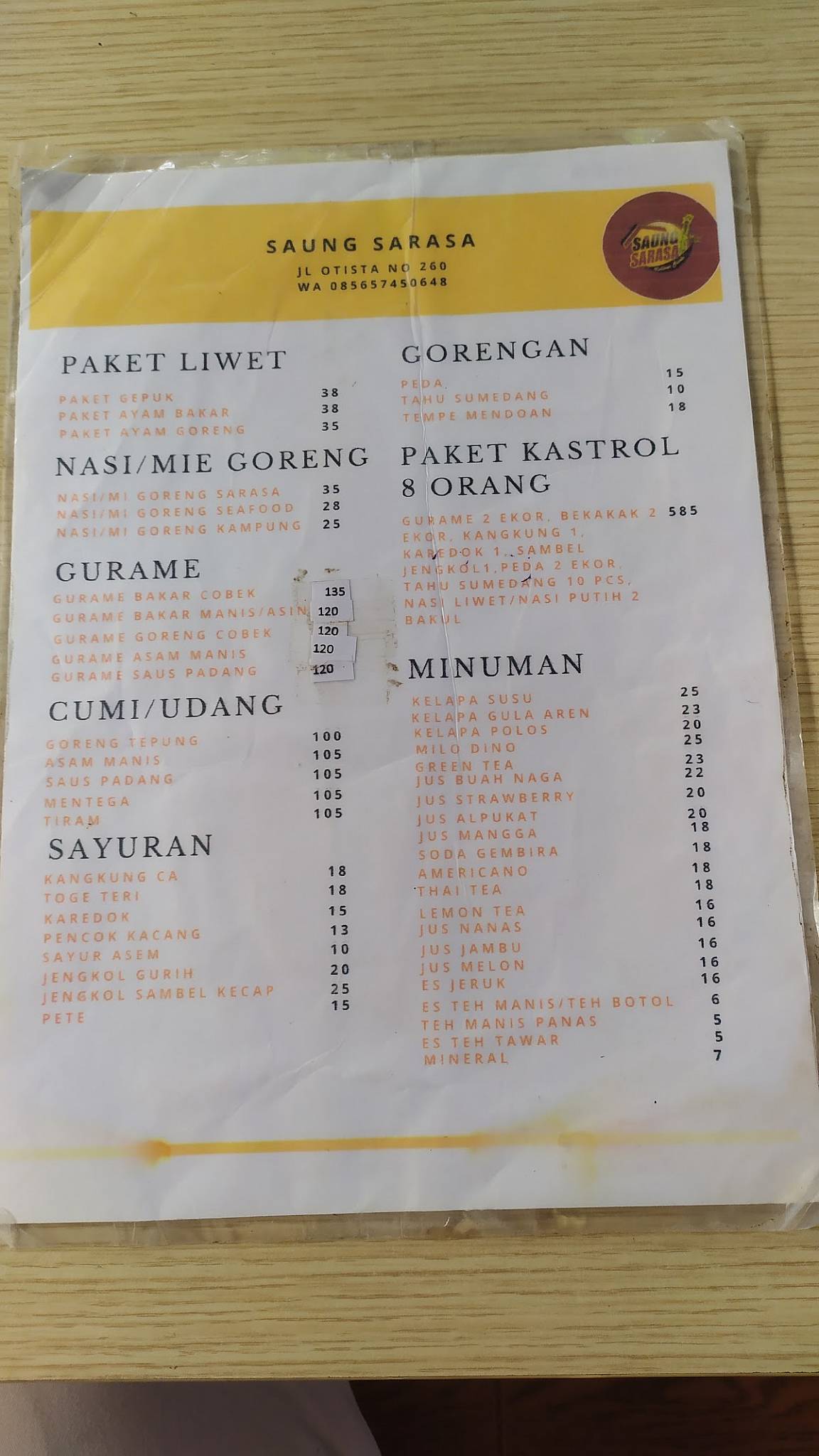 Menu at Rumah makan Saung Sarasa restaurant, Subang