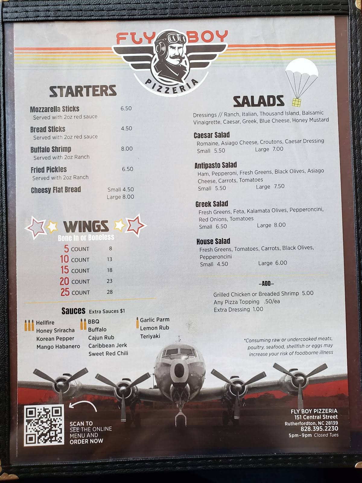 Menu at Fly Boy Pizza restaurant, Rutherfordton, 206 Fashion Cir
