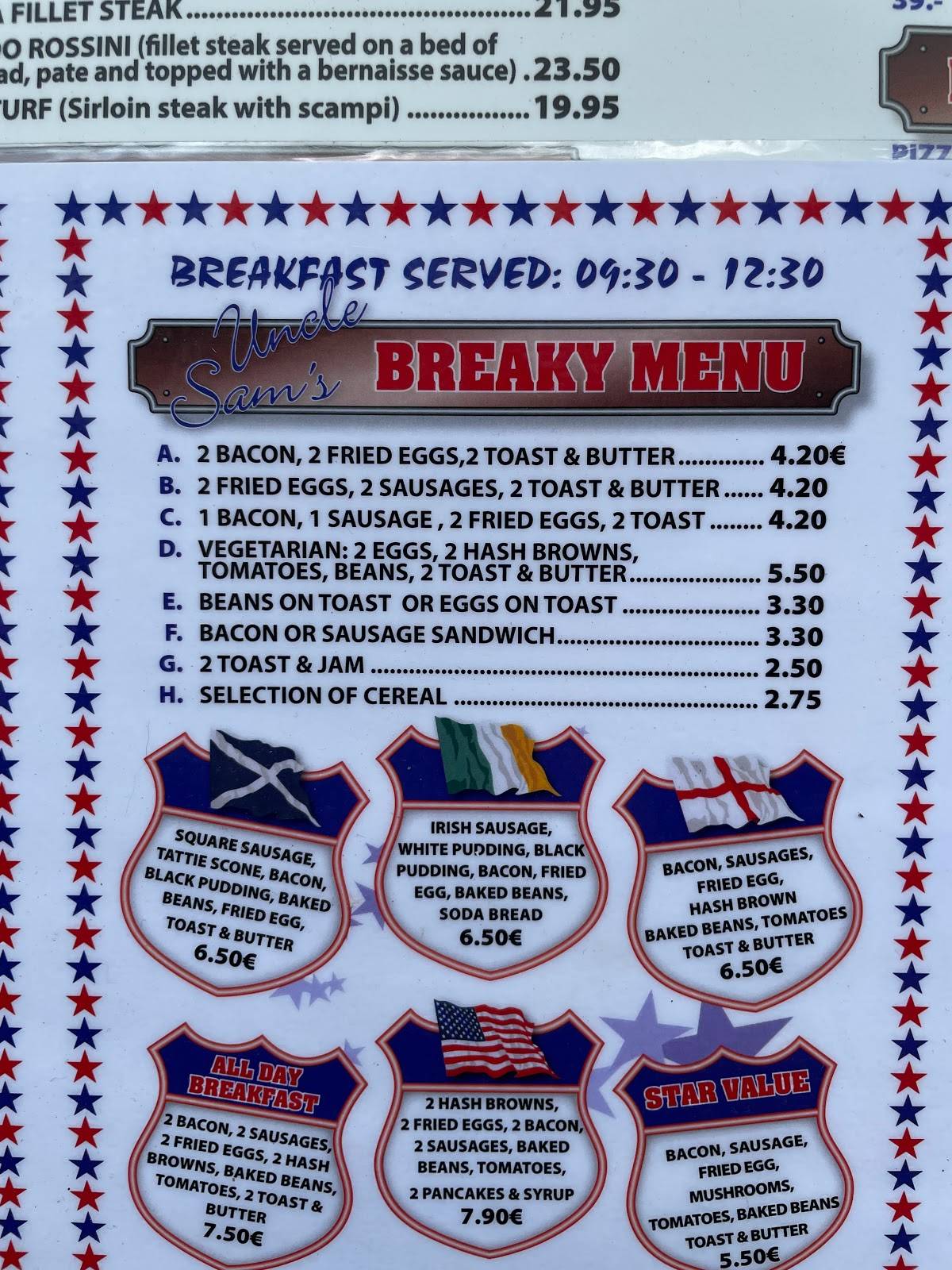 Menu at Uncle Sam's steakhouse, Salou