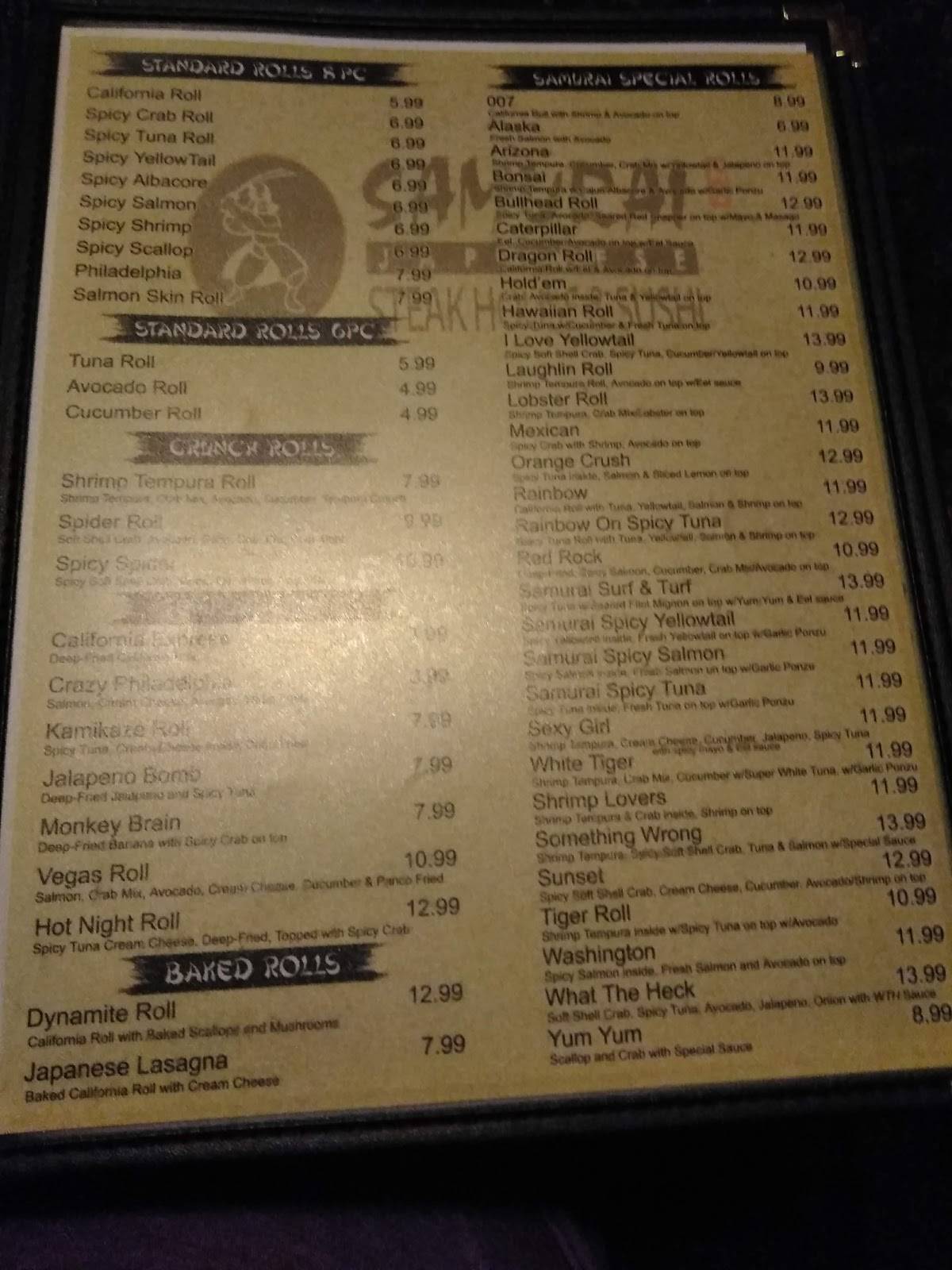 Menu at Samurai Japanese Steakhouse, Bullhead City