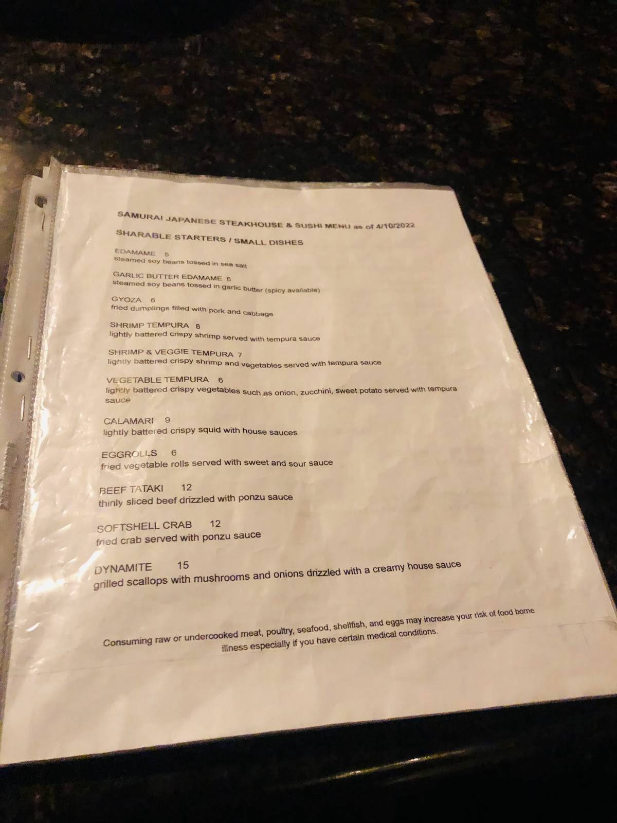Menu at Samurai Japanese Steakhouse, Bullhead City