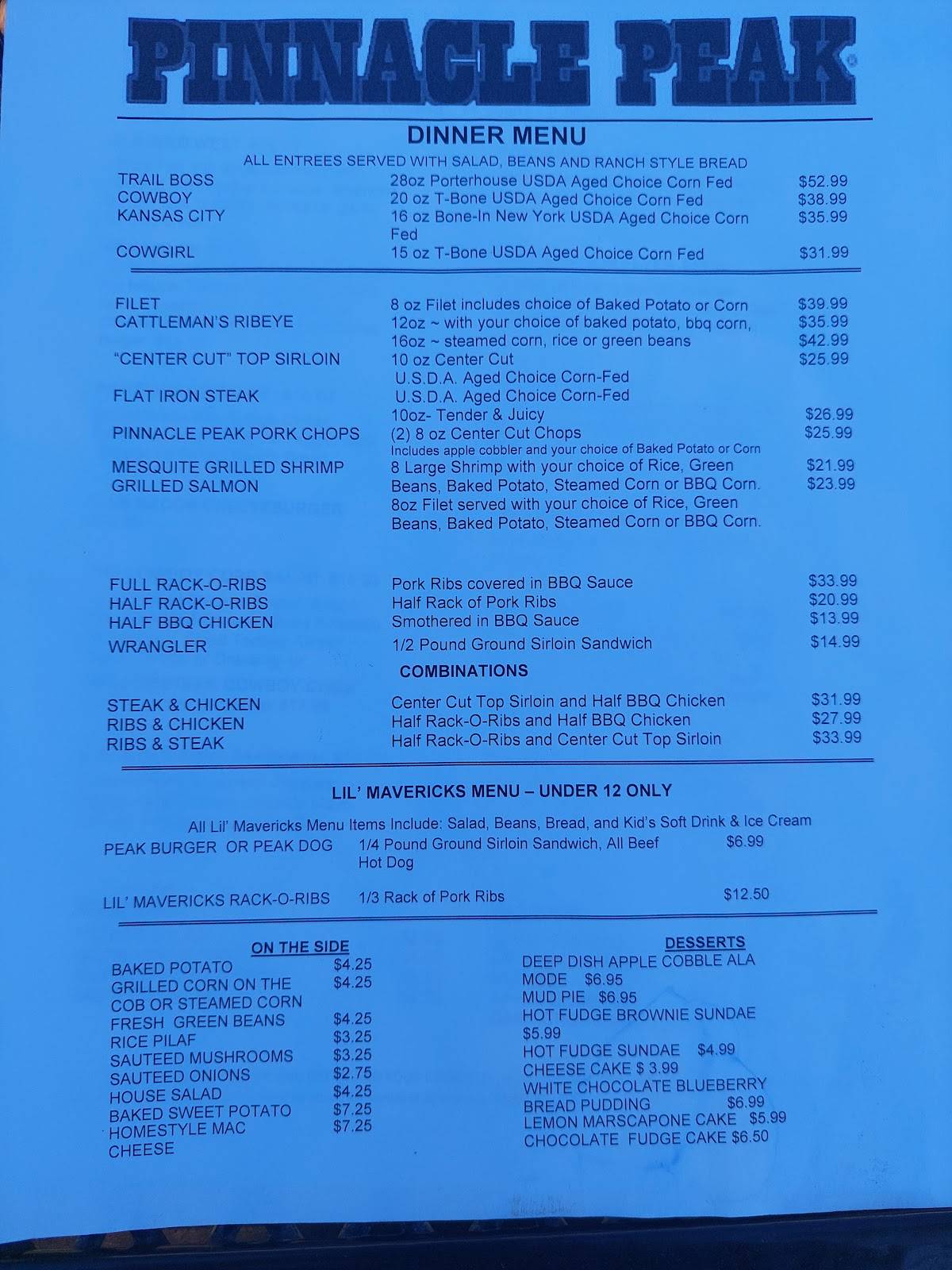 Menu at Pinnacle Peak Steakhouse, San Dimas