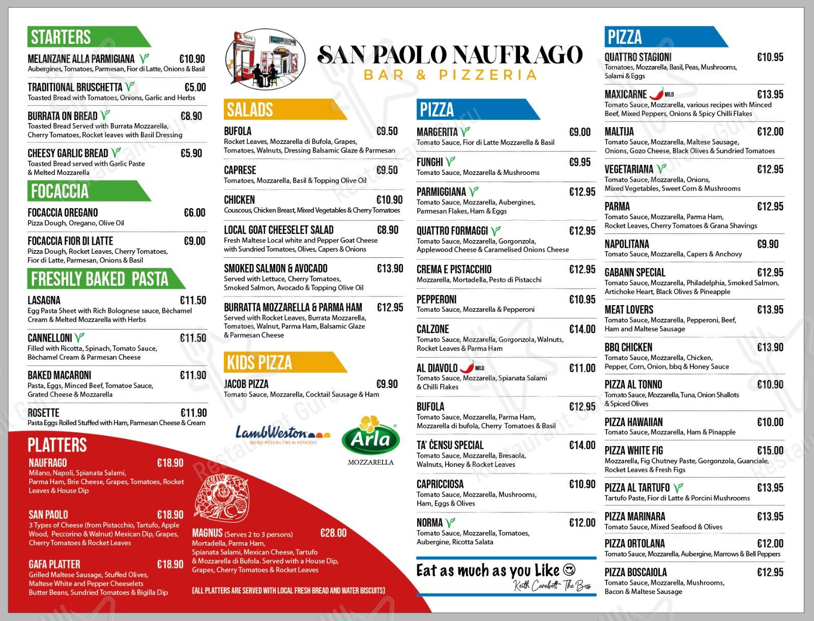 Menu at San Paolo Naufrago restaurant, Valletta, 11