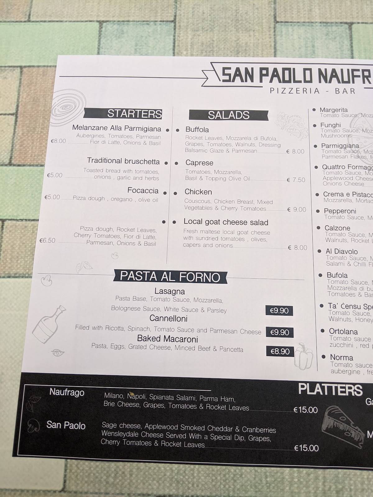 Menu at San Paolo Naufrago restaurant, Valletta, 11