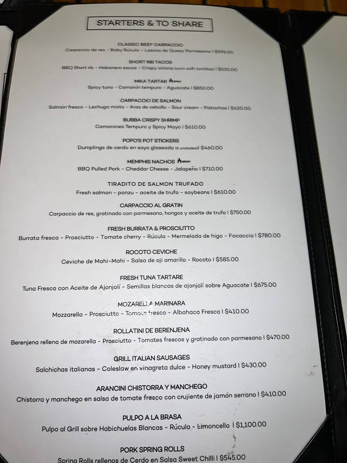 Carta del restaurante Laurel, Santo Domingo