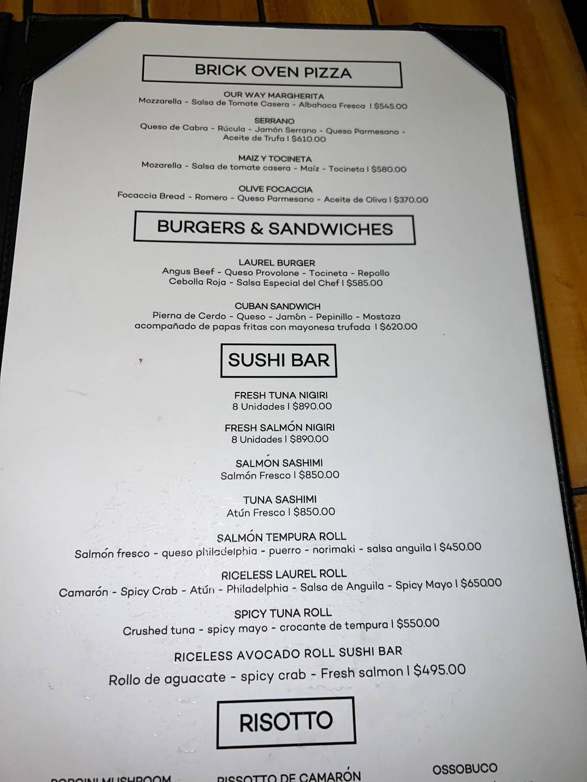 Menu at Laurel restaurant, Santo Domingo