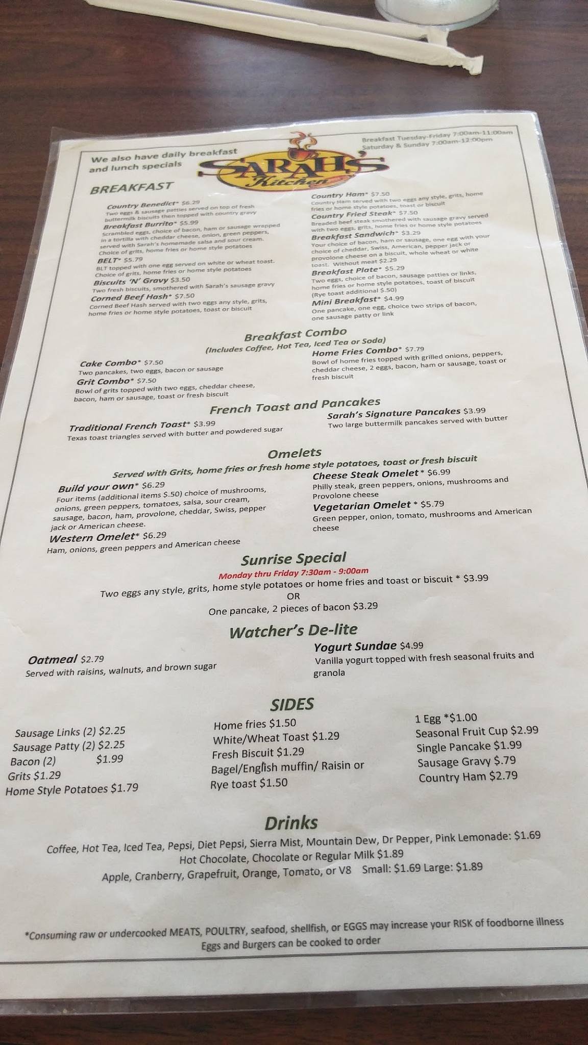 Menu at Sarah's Kitchen restaurant, Ocean Isle Beach