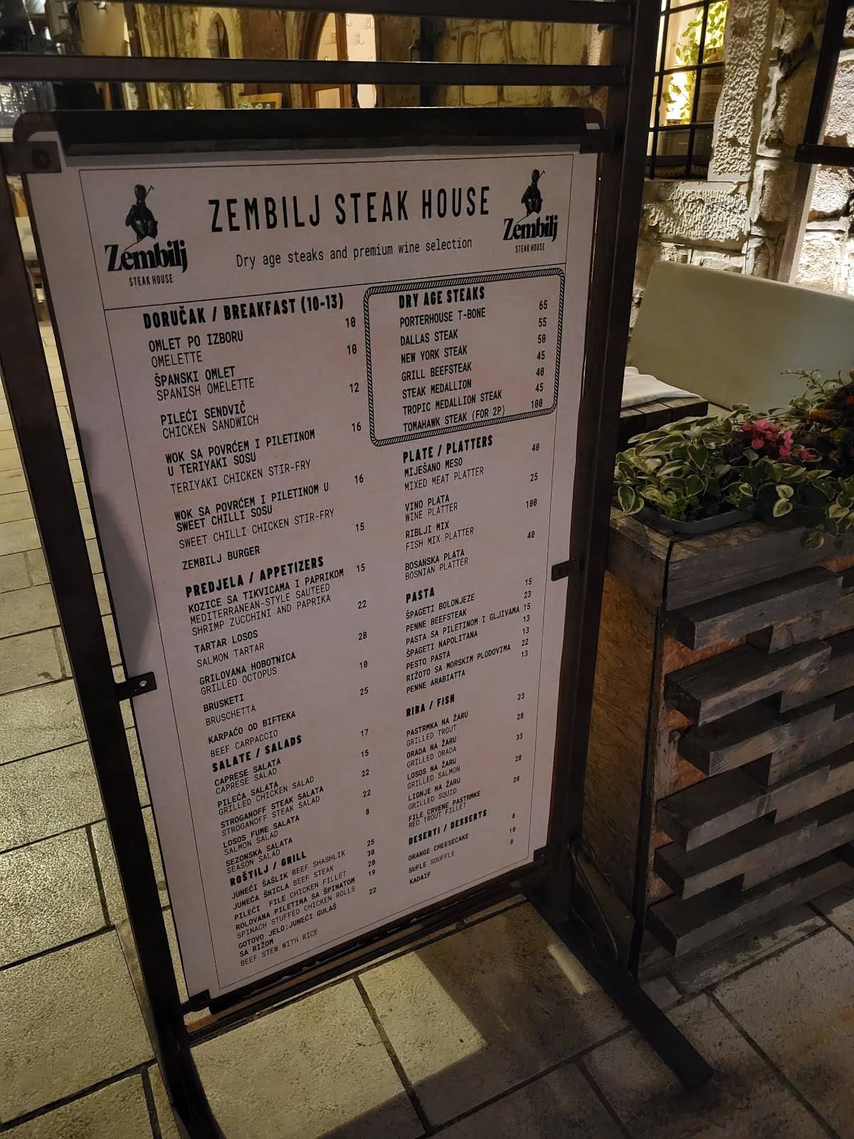 Menu at Zembilj Steak House restaurant, Sarajevo