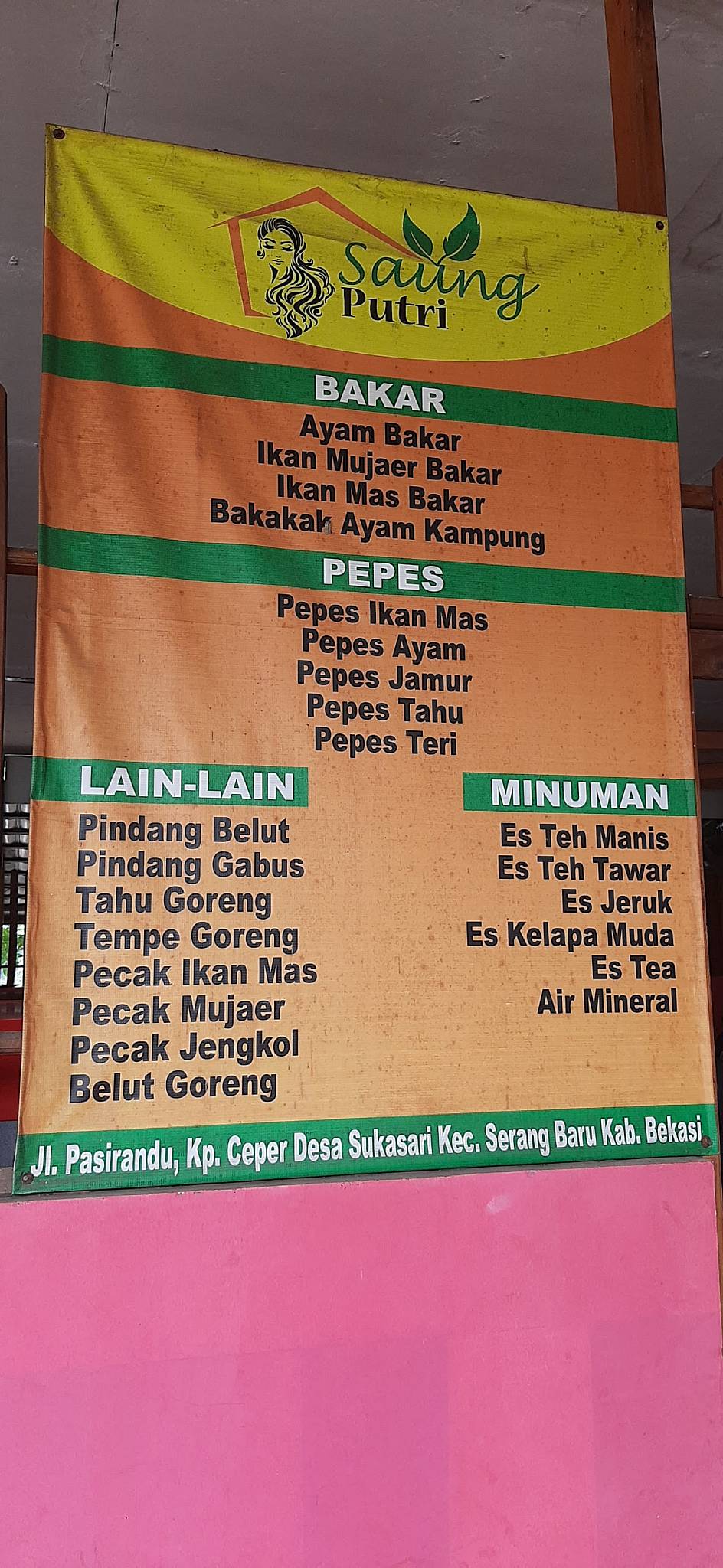 Menu at Saung Putri restaurant, Bekasi Regency
