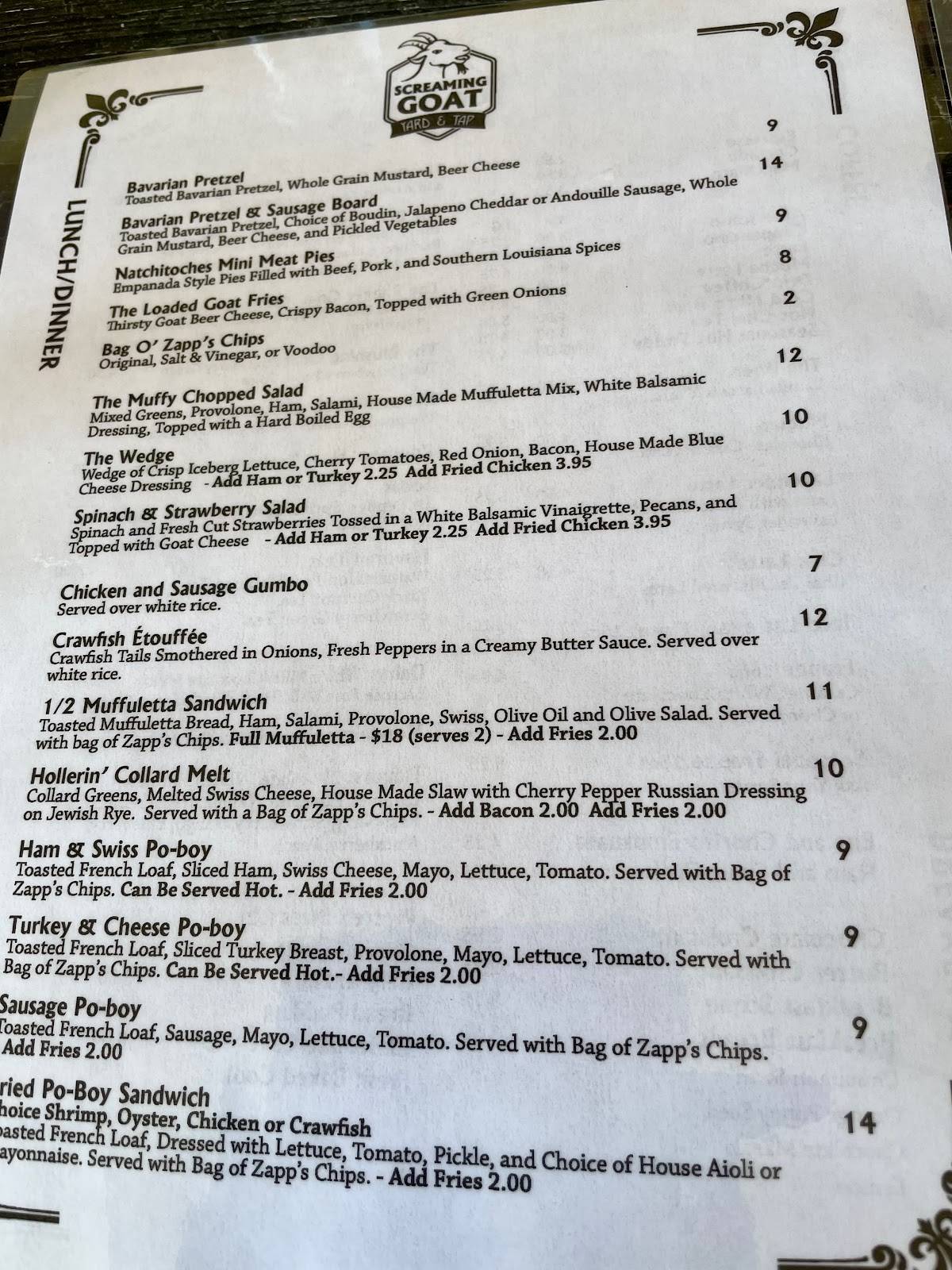 Menu at Screaming Goat Yard & Tap pub & bar, Spring Branch