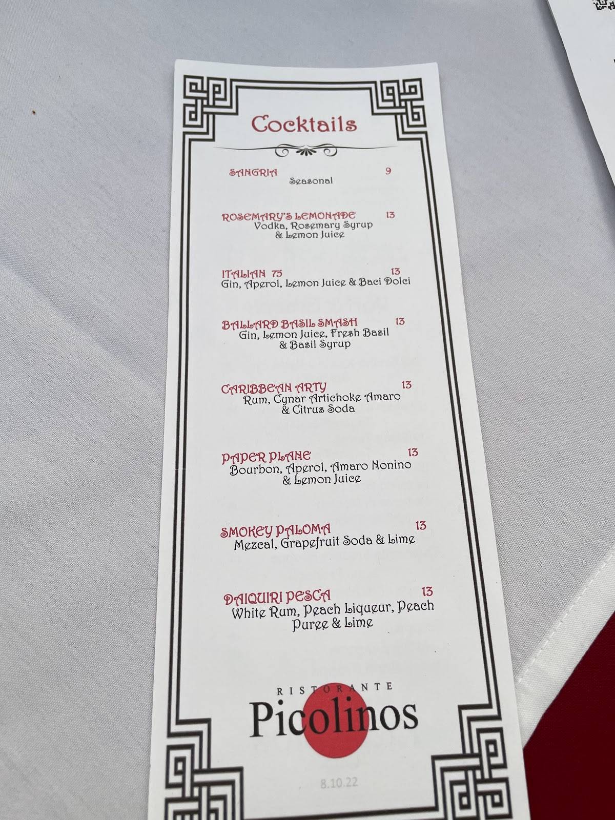 Menu at Ristorante Picolinos pub & bar, Seattle