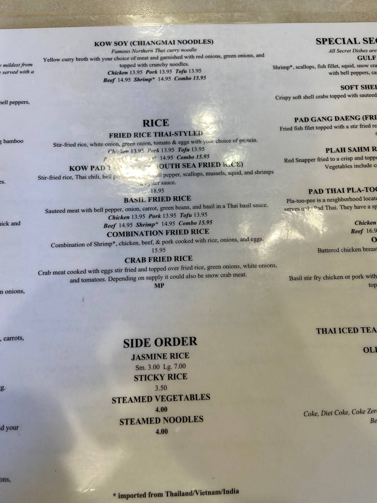 Menu at Secret Thai Restaurant, Chalmette
