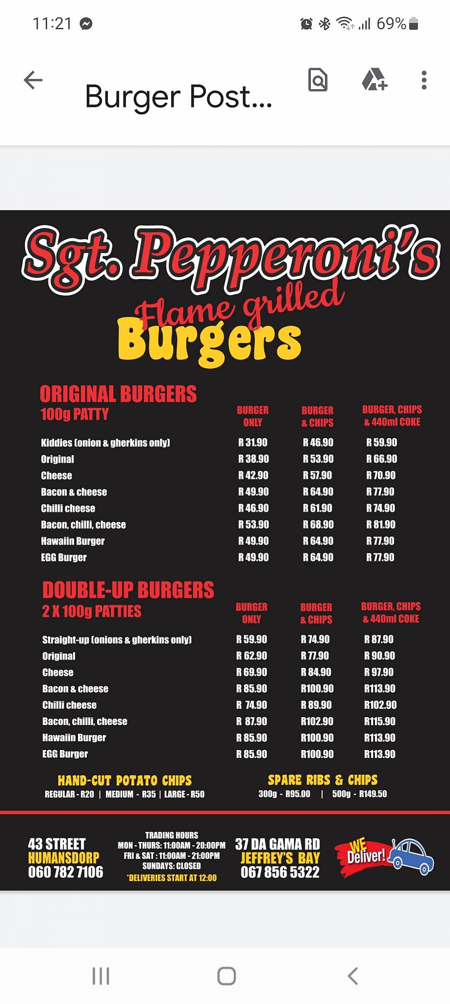 Menu at Sgt. Pepperoni's J-bay pizzeria, Jeffreys Bay