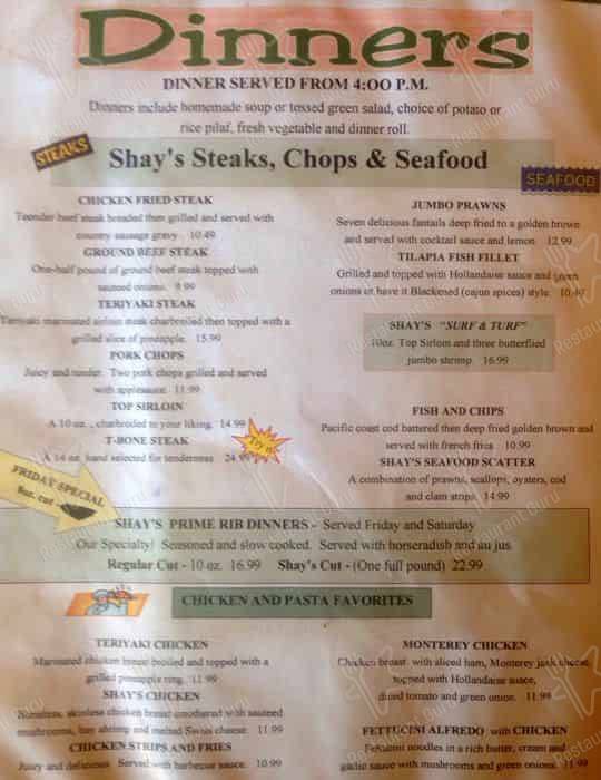 Menu at Shay's Restaurant, Shoreline