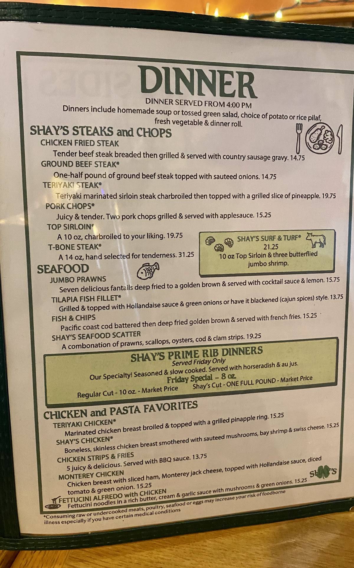 Menu at Shay's Restaurant, Shoreline