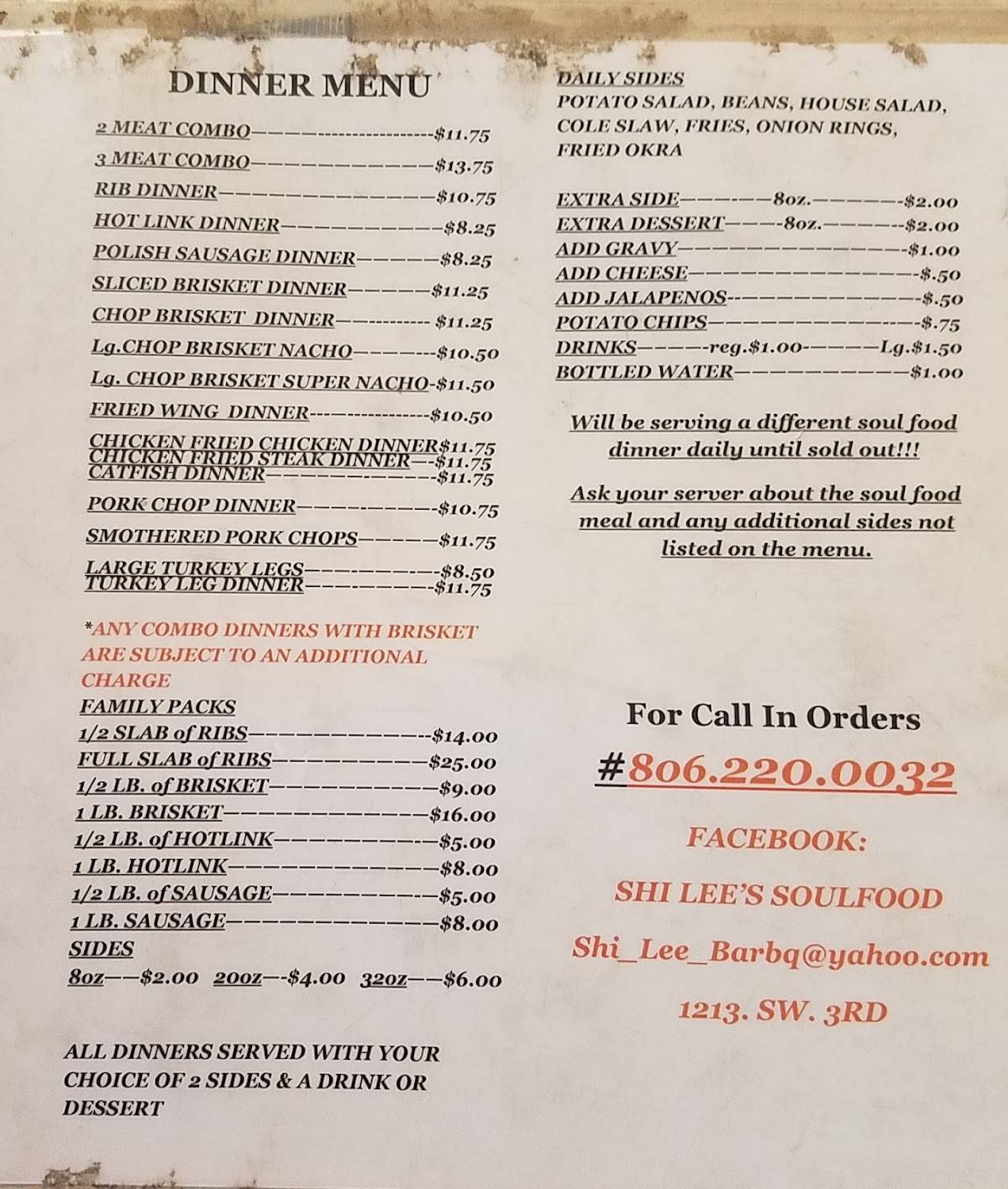 Menu at Shi Lee's Barbecue & Soul Food Cafe, Amarillo
