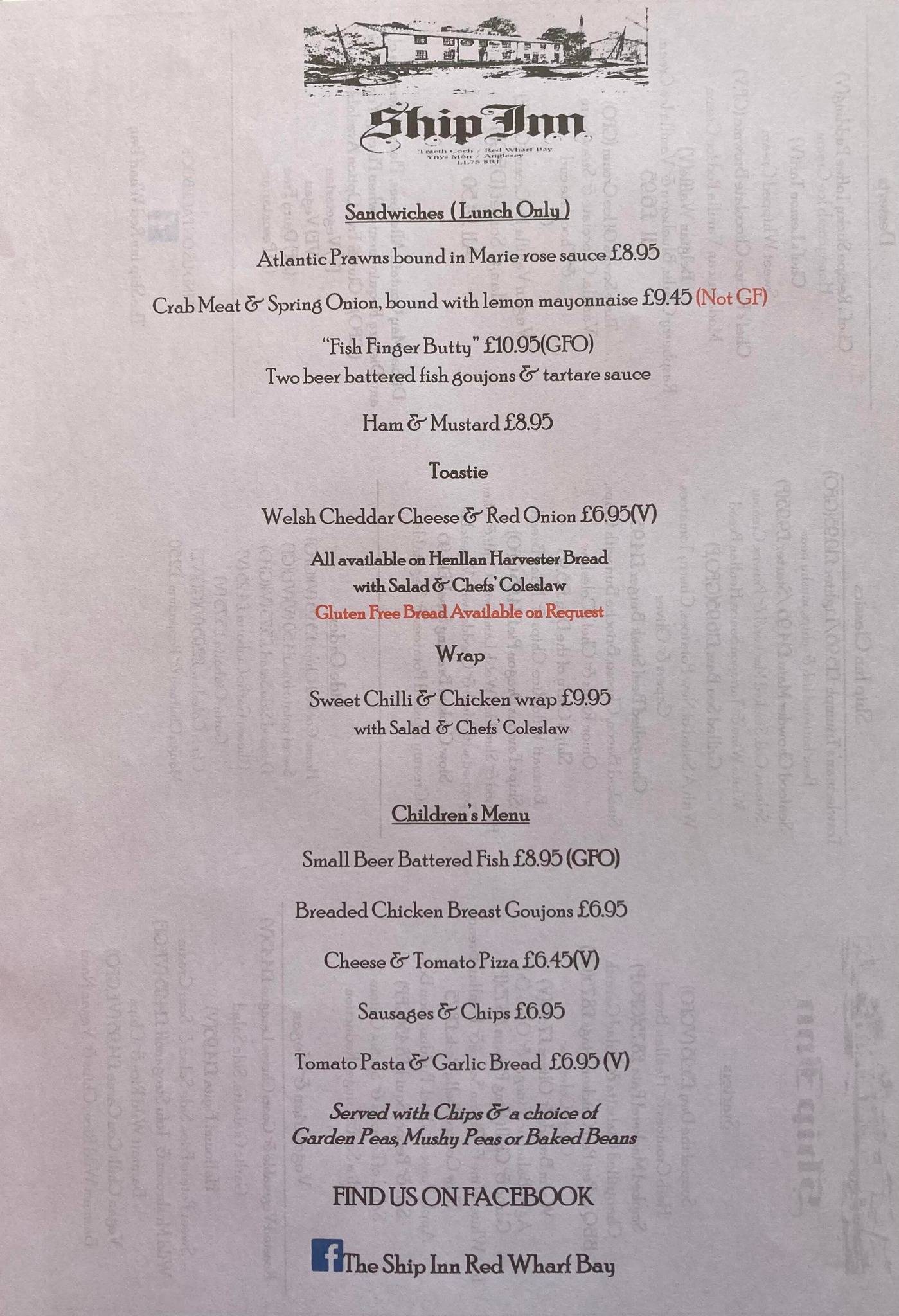 Menu at Ship Inn pub & bar, Pentraeth, Red Wharf Bay