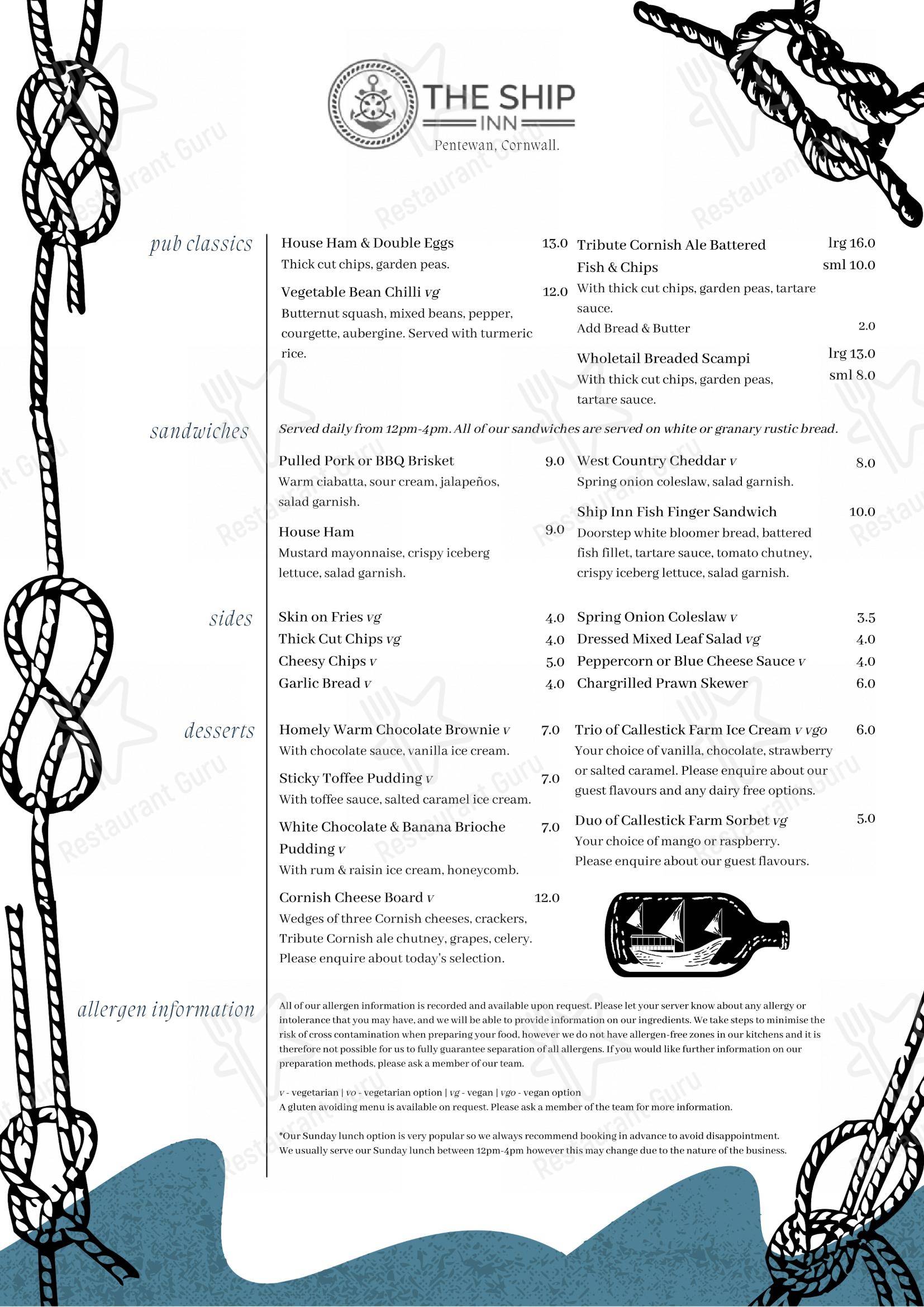 Menu at Ship Inn pub & bar, Mevagissey, 31-33 W End