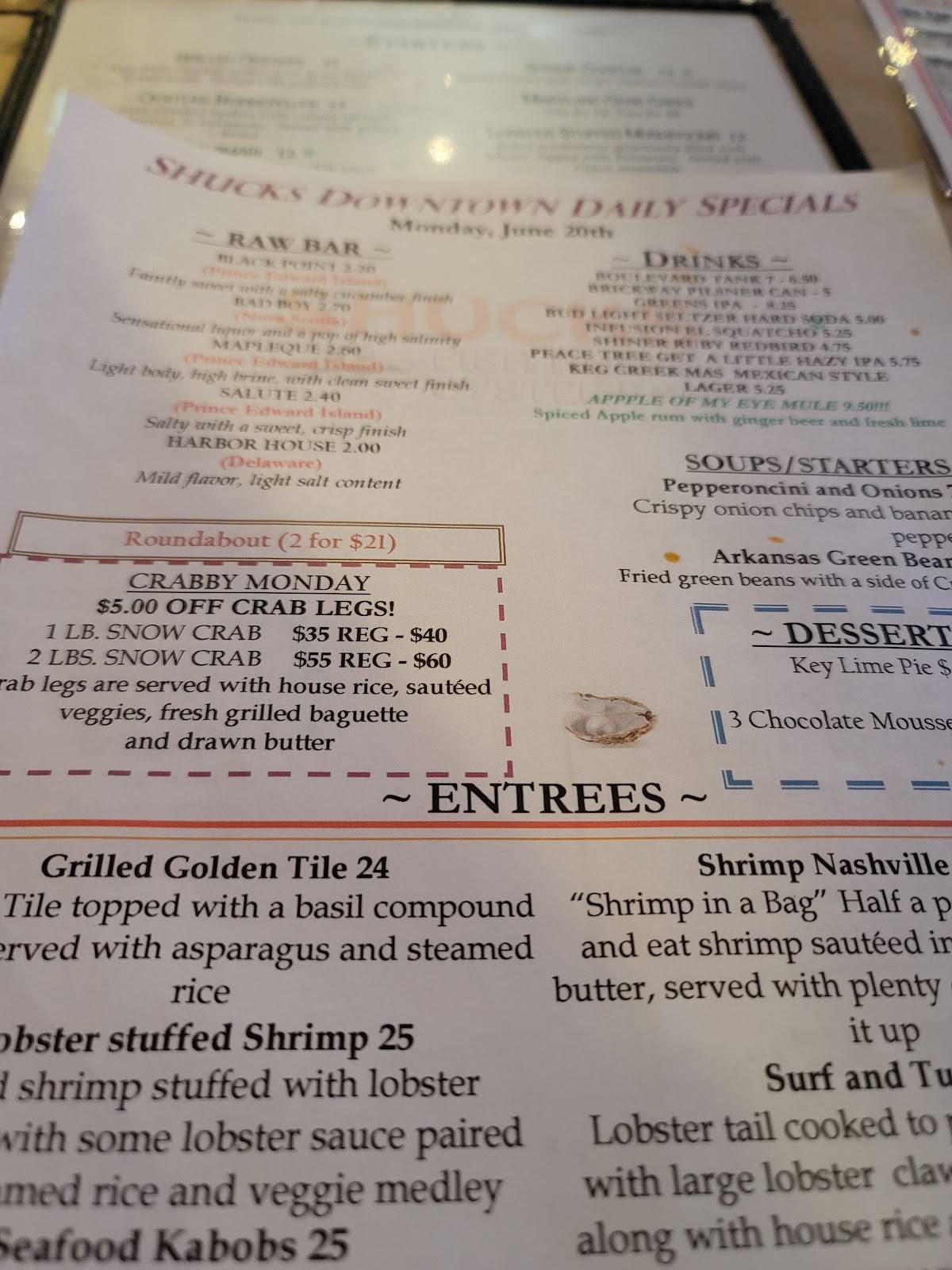 Menu at Shucks Fish House & Oyster Bar, Omaha, Leavenworth St