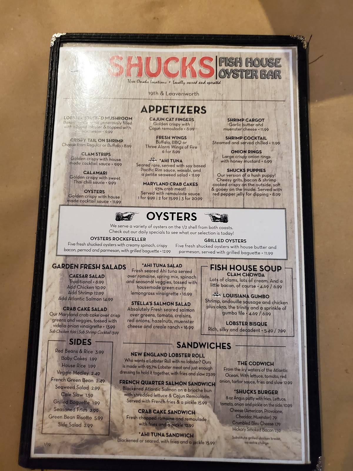 Menu at Shucks Fish House & Oyster Bar, Omaha, Leavenworth St