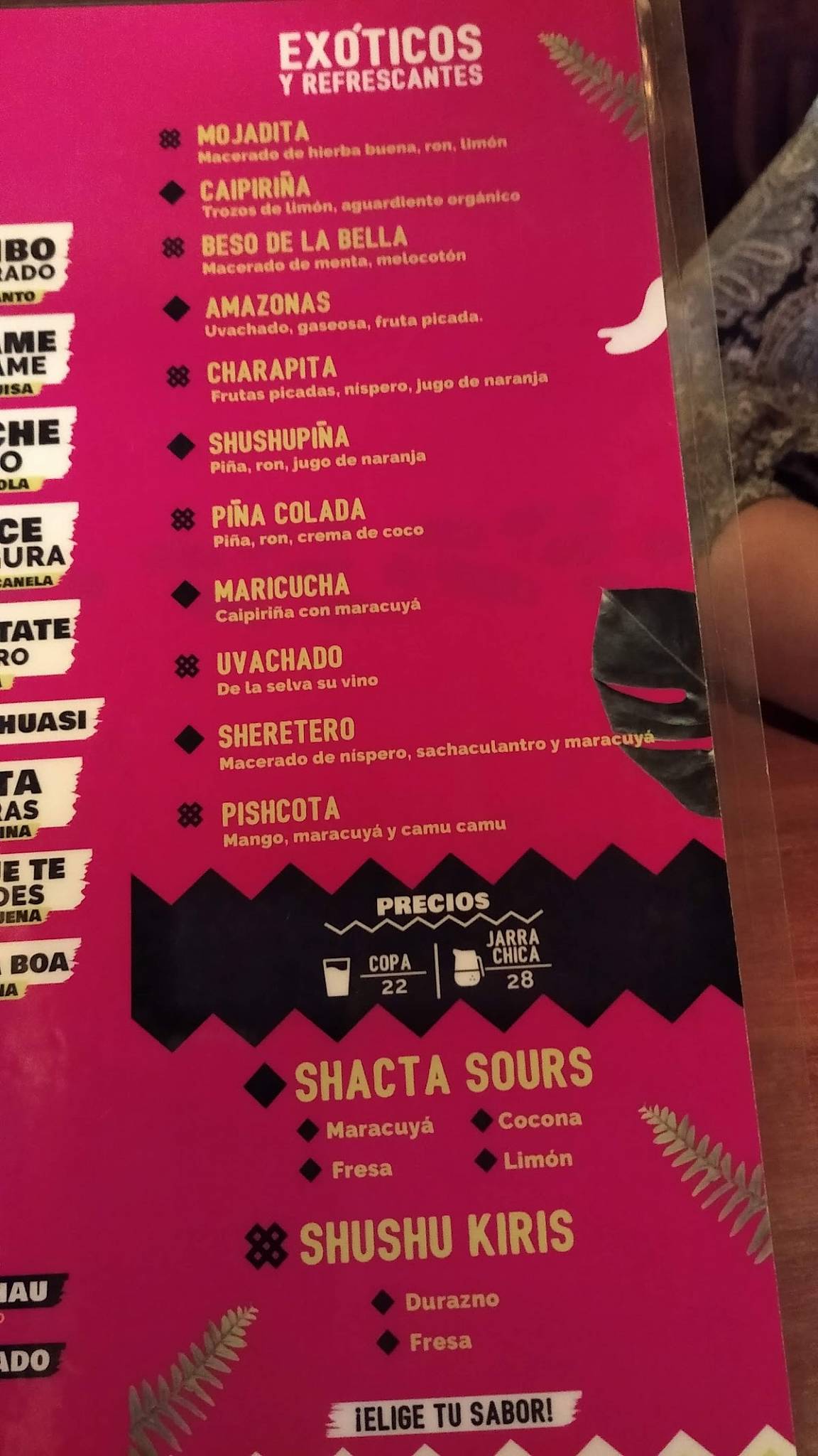 Carta de Shushupe Bar Barranco, Barranco