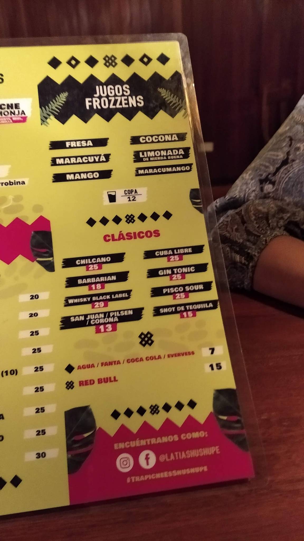 Carta de Shushupe Bar Barranco, Barranco