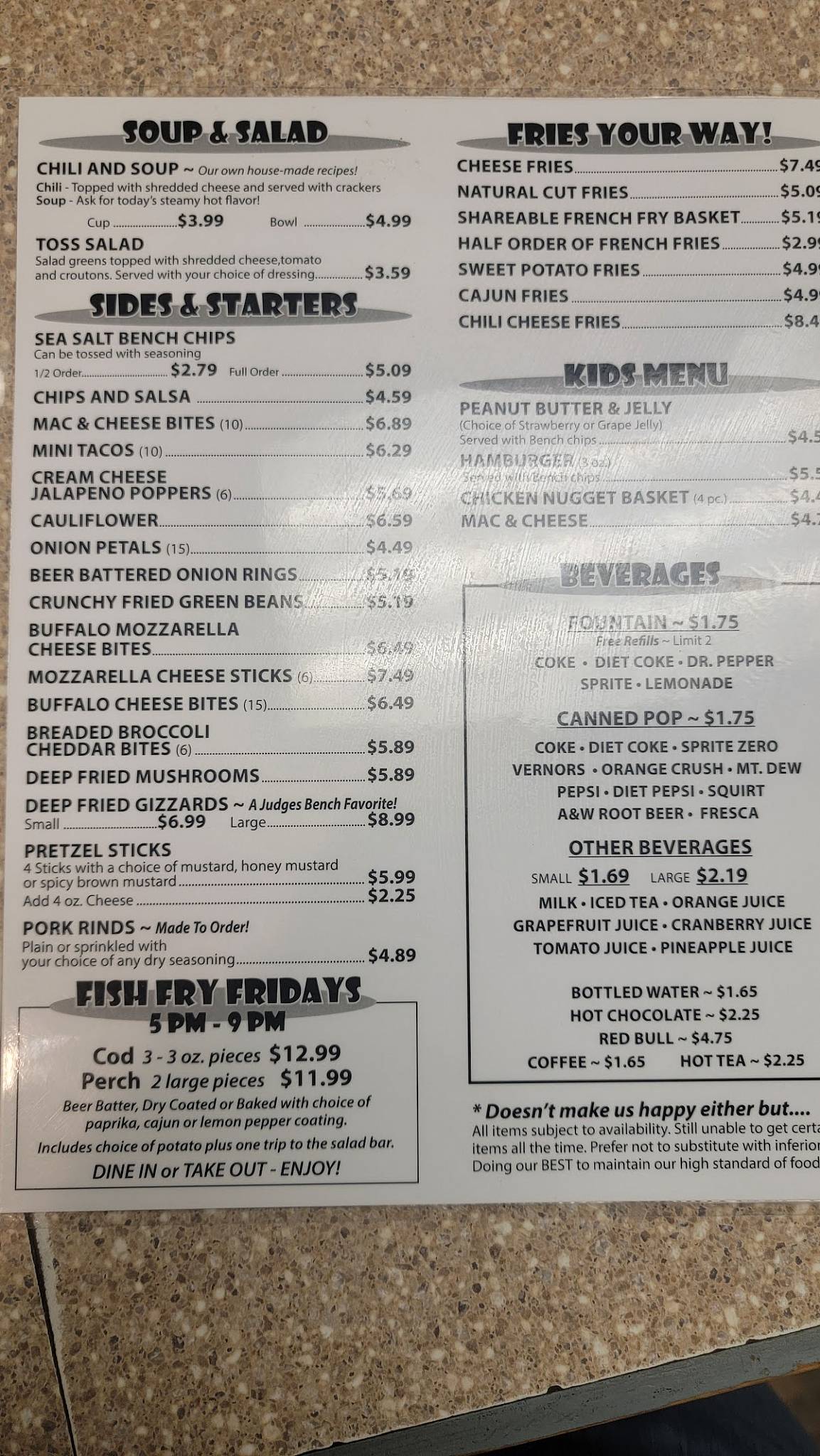 Menu at Sidney's Judges Bench pub & bar, USA