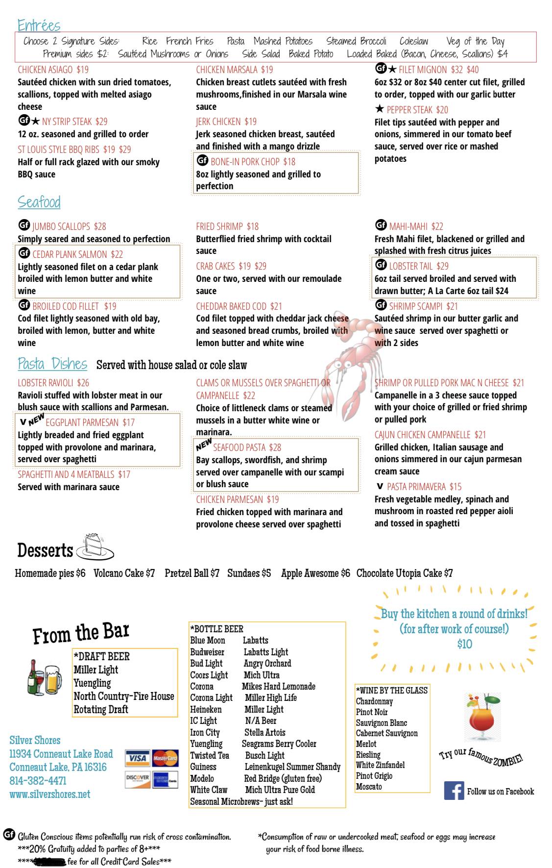 Menu at Silver Shores Restaurant, Conneaut Lake