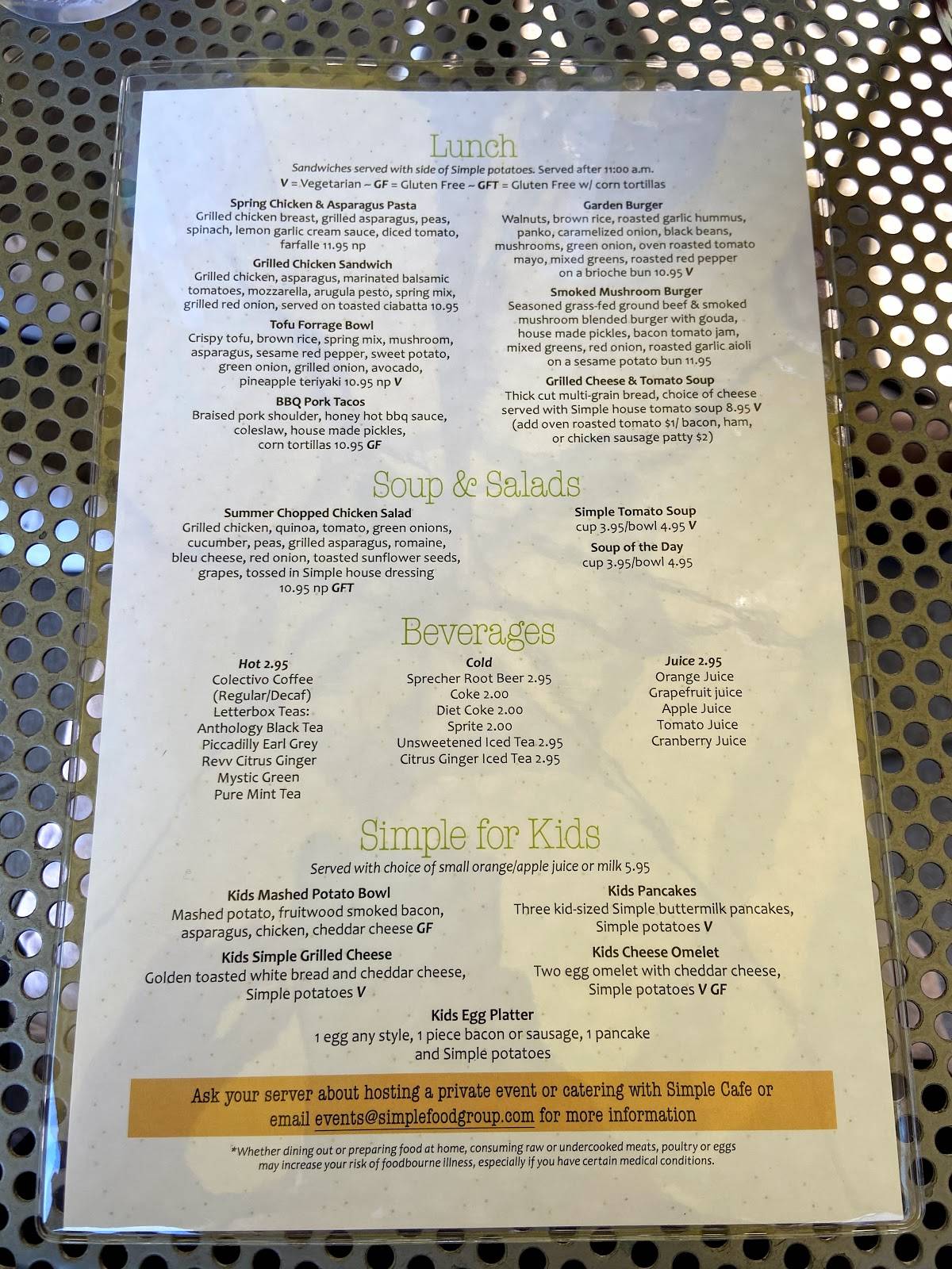 Menu at Simple Café restaurant, Lake Geneva
