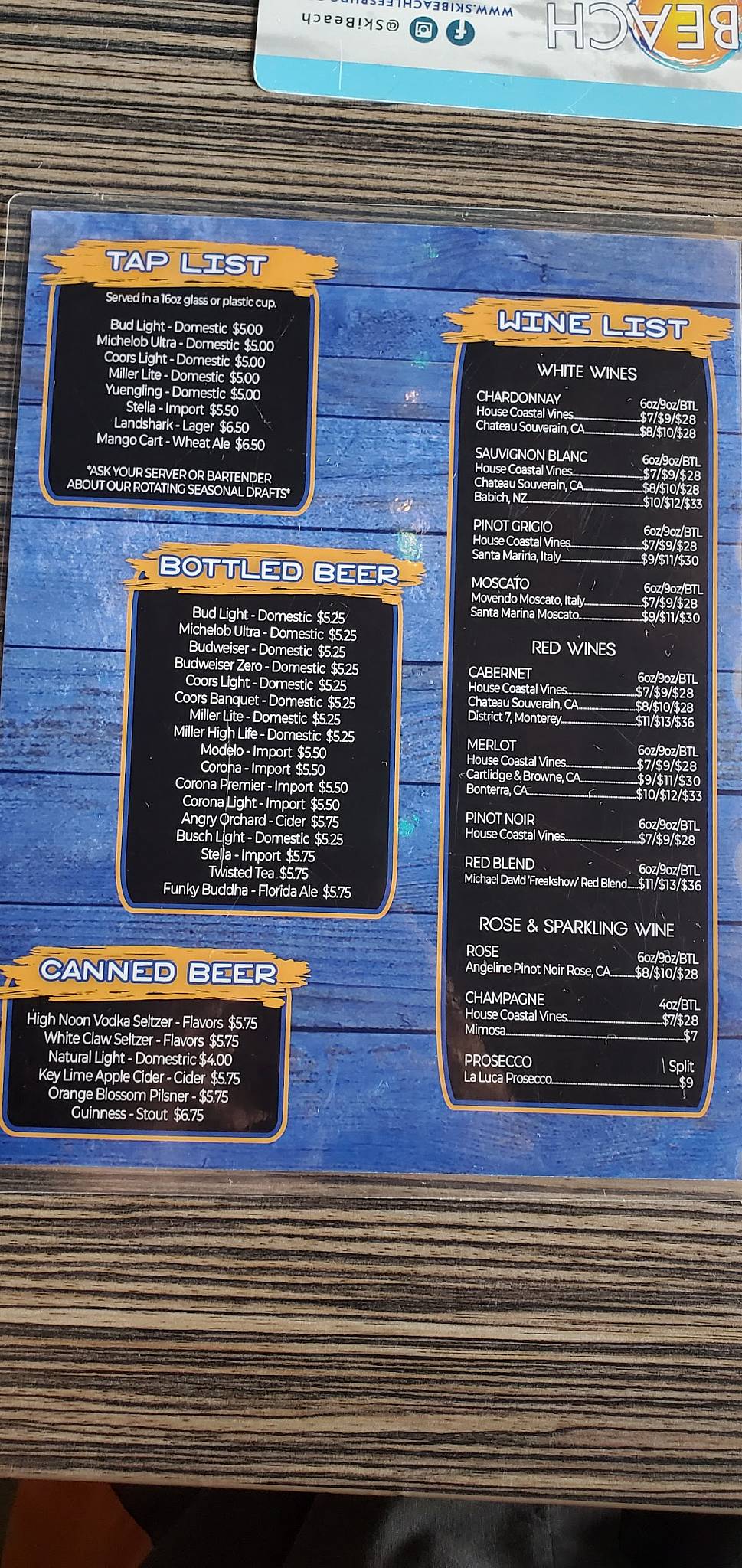 Menu at Ski Beach Bar and Grill, Leesburg