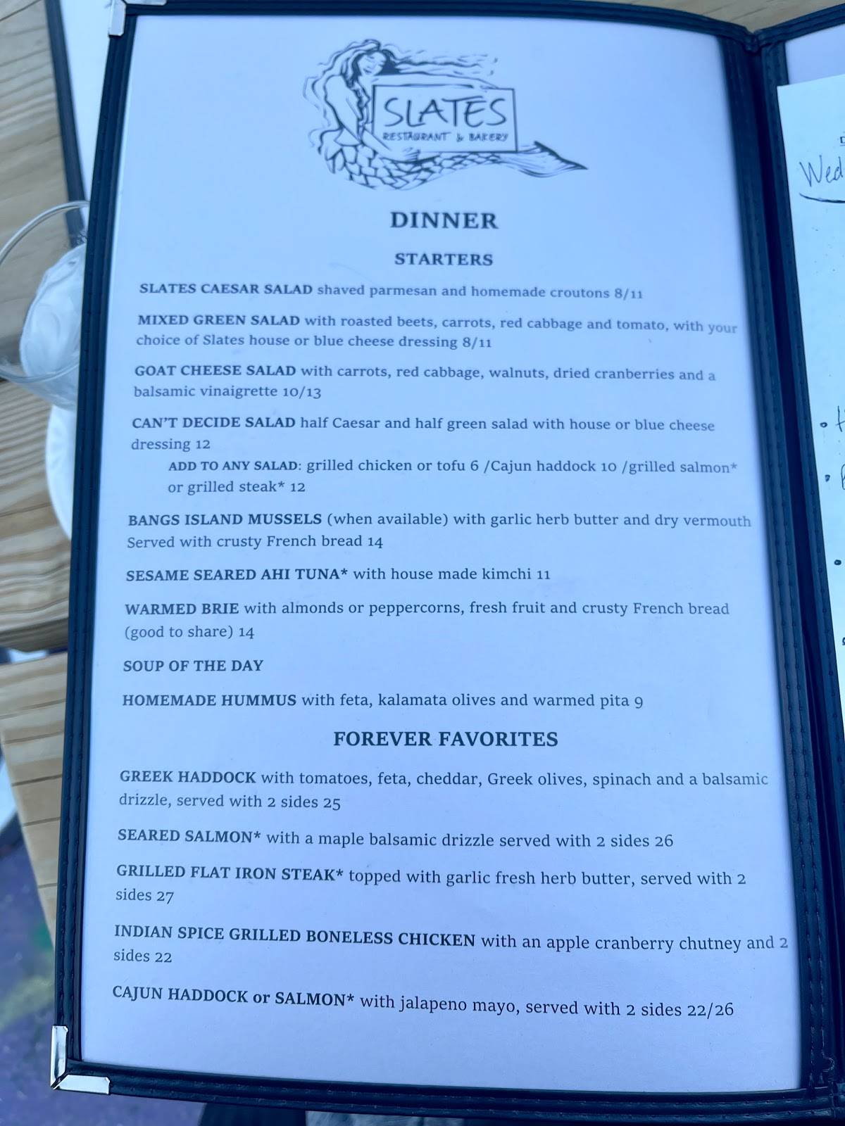 Menu at Slate's restaurant, Hallowell, 161-165 Water St