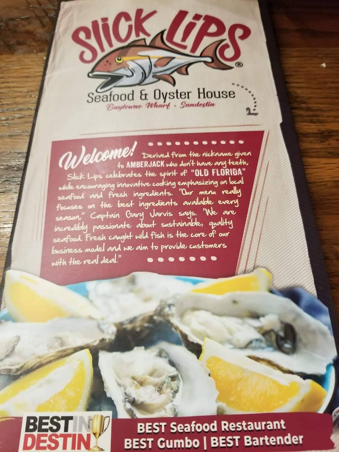 Menu at Slick Lips Seafood & Oyster House restaurant, Miramar Beach